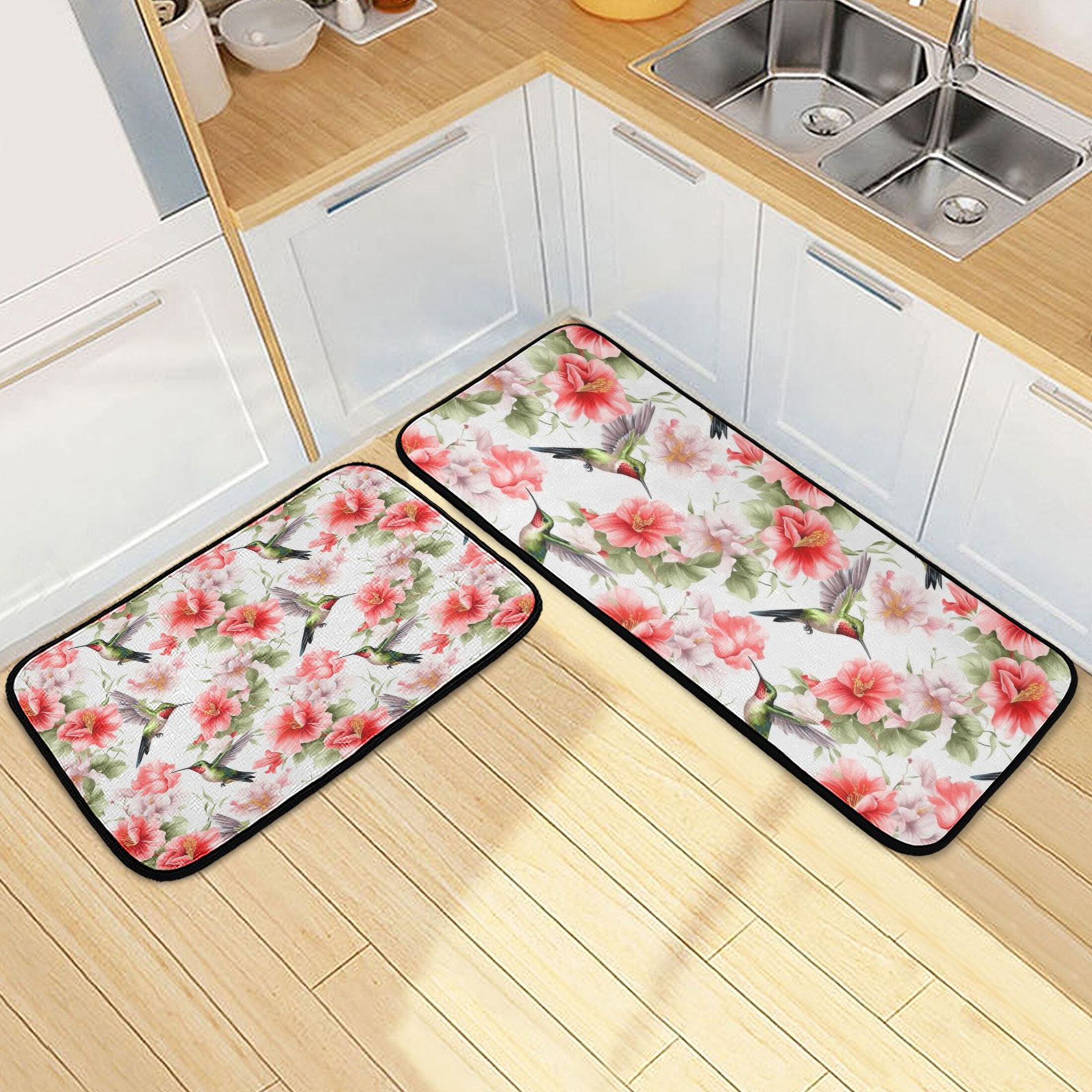 Birds and Hibiscus Flowers Kitchen Rugs Set of 2 Non Slip Floor Foam ...