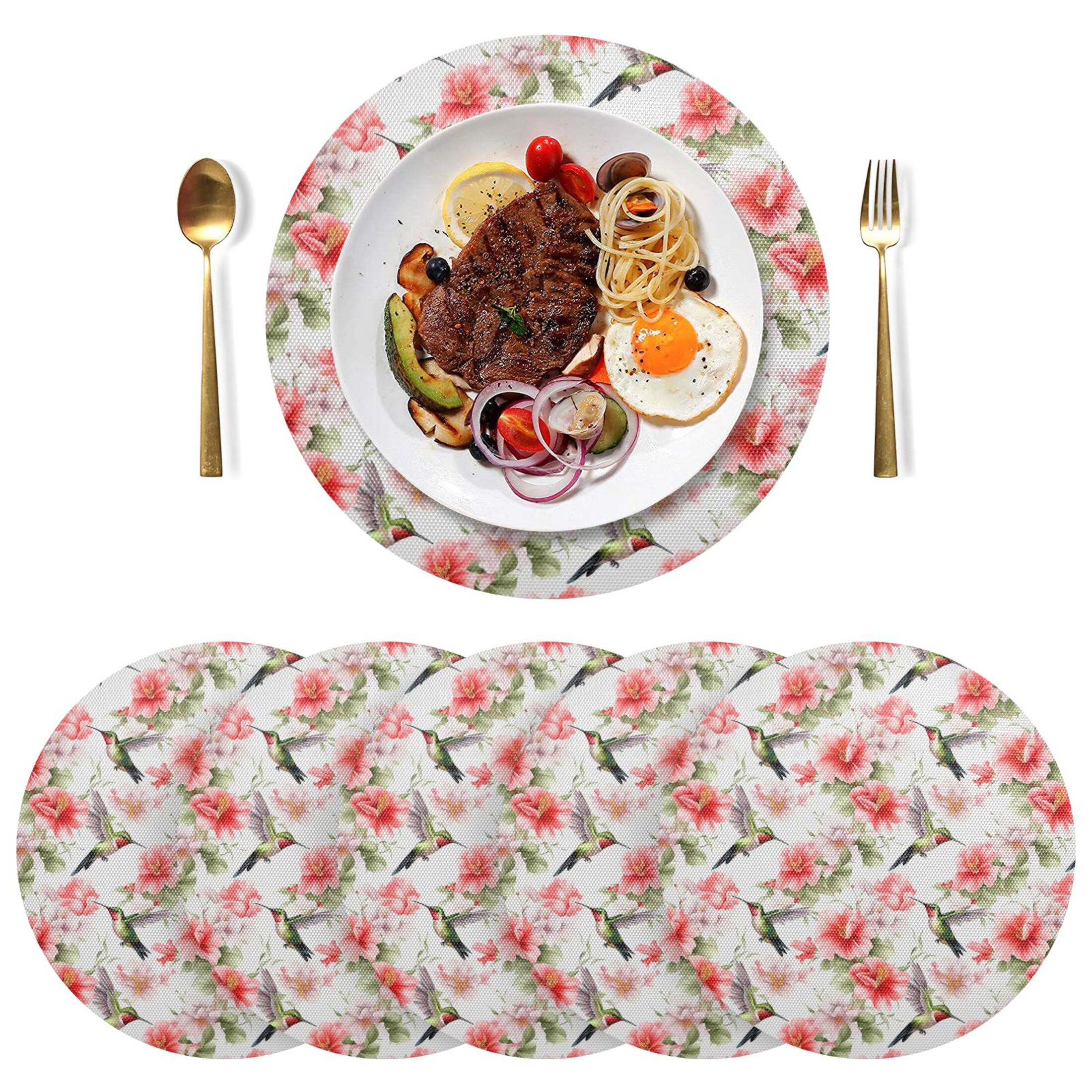Birds and Hibiscus Flowers Round Plate Mats Non-Slip Place Mat Washable ...