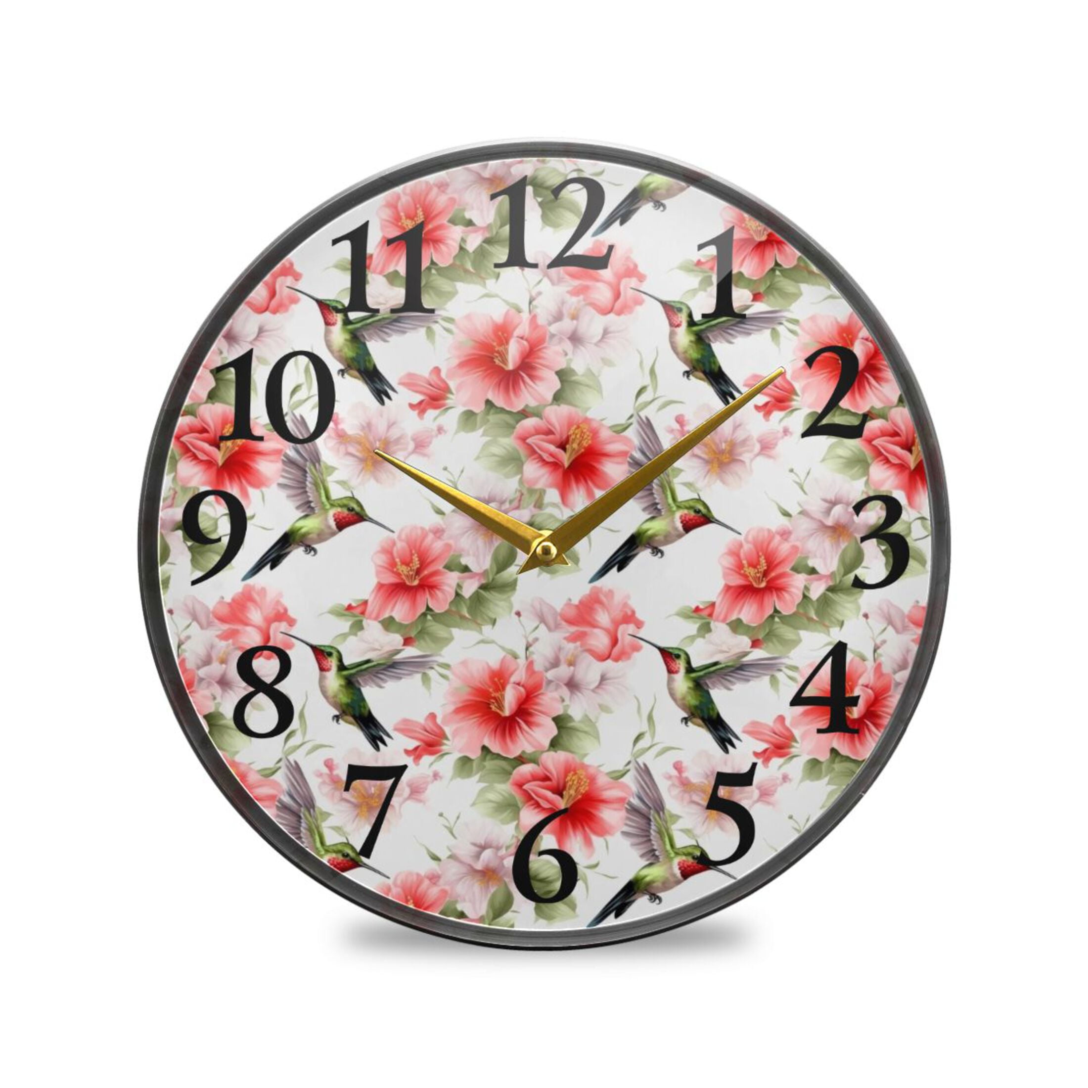 Birds and Hibiscus Flowers Wall Clocks Battery Operated 11.9 Inch Round ...