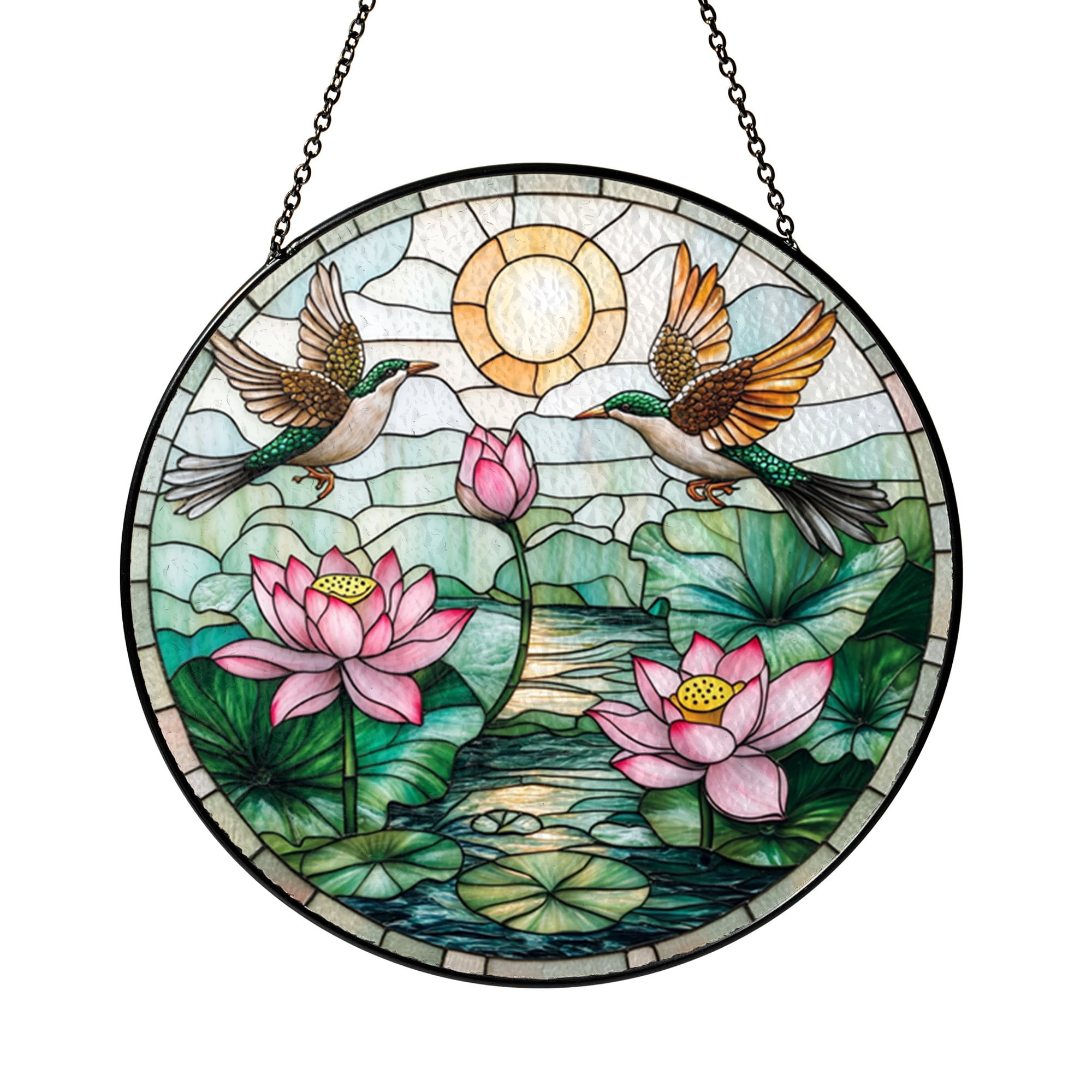 Birds and Lotus Pond Stained Glass Style Suncatcher – Window Hanging ...