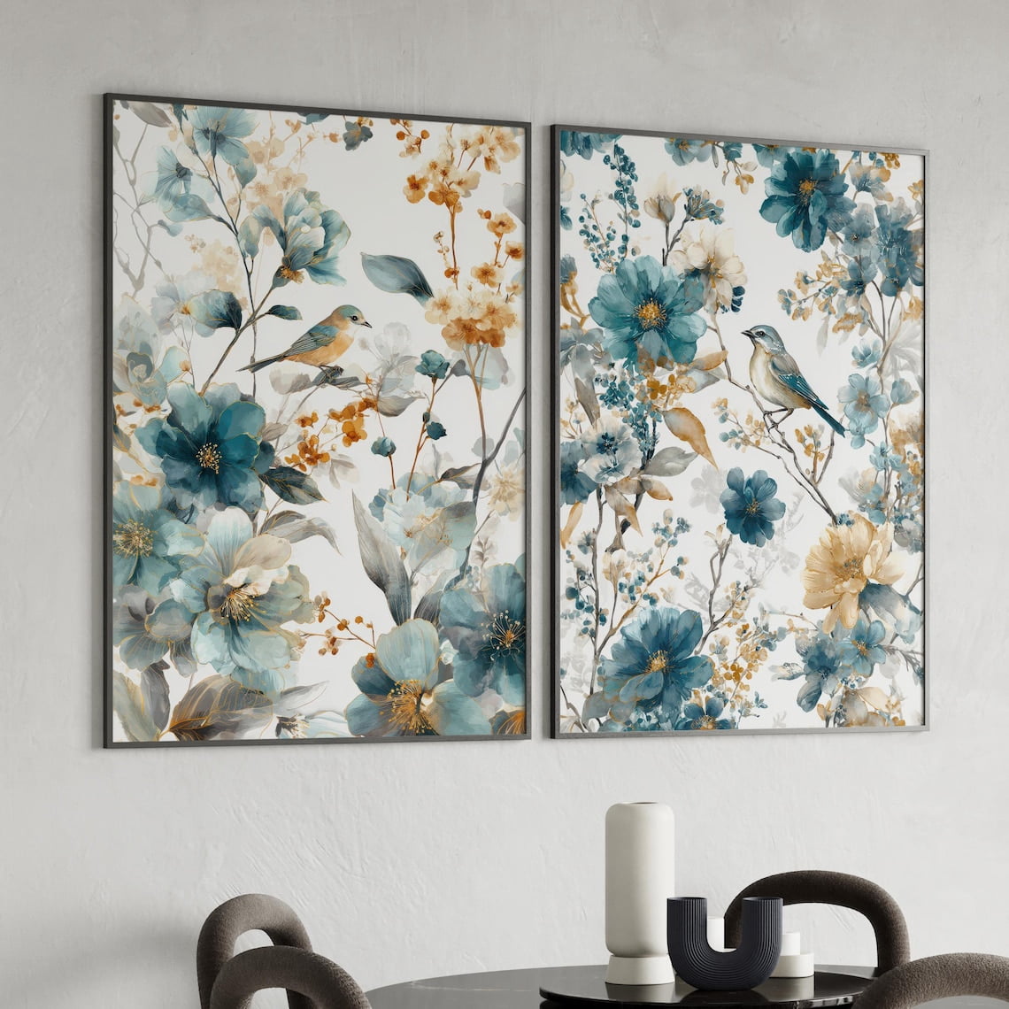 Birds and Wildflowers Wall Art Blue Green Floral Nature Feminine ...