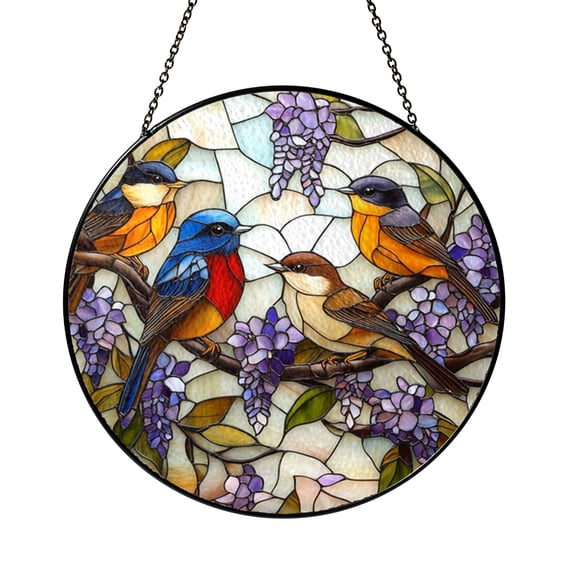 Birds and Wisteria Garden Scene Stained Glass Style Window Hanging ...