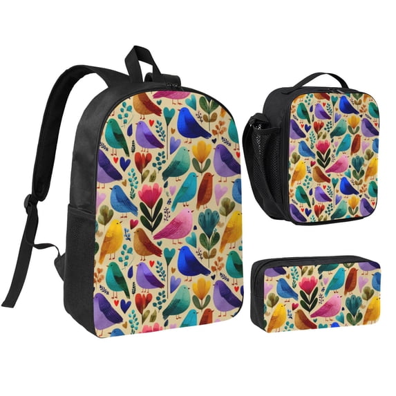 Birds and flowers pattern Backpack Set,3PCS Backpack Set with Insulated ...