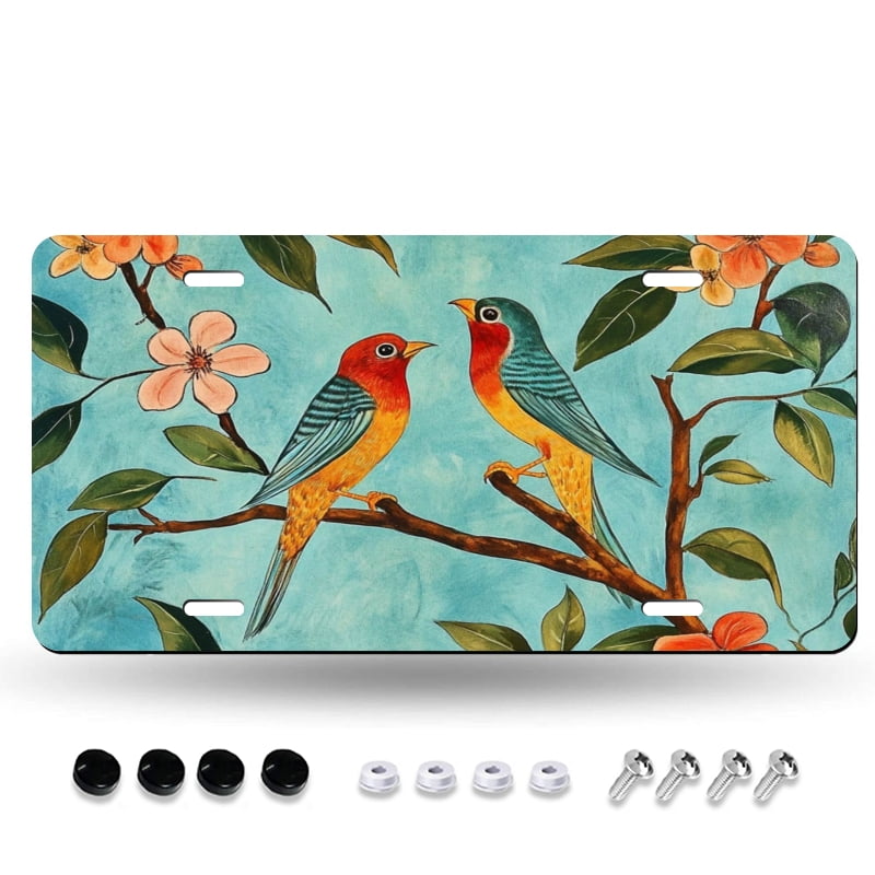 Birds in Dialogue on Branch Of Flowers License Plate Frame, Decorative ...