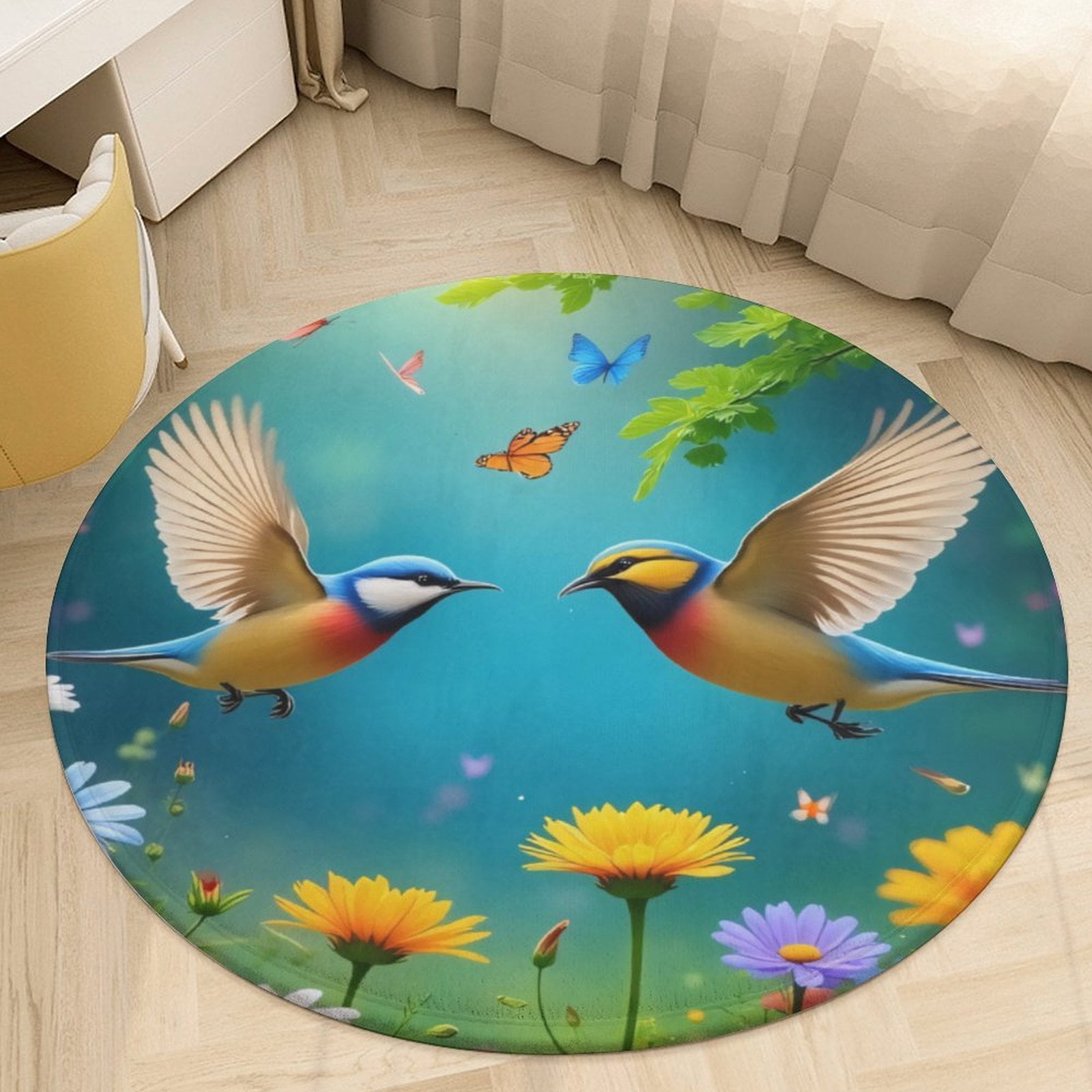 Birds in Flight Garden Scene Round Area Rugs for Bedroom Living Room ...