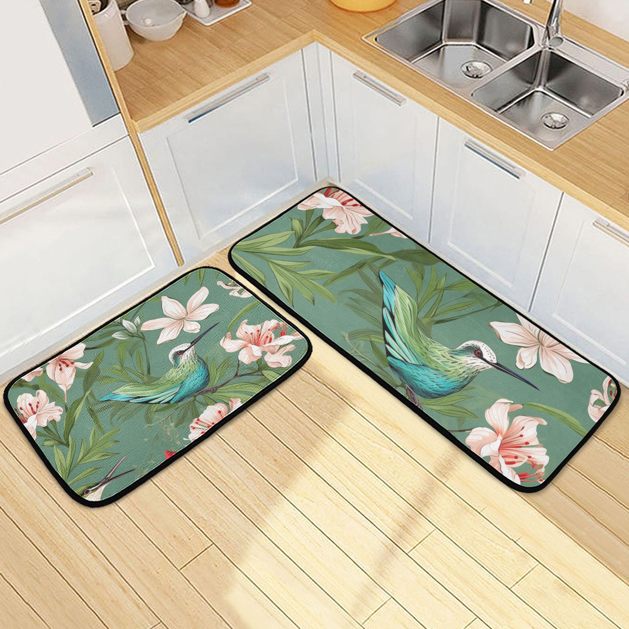Birds in Lily Floral Kitchen Rugs Set of 2 Non Slip Floor Foam Mat ...