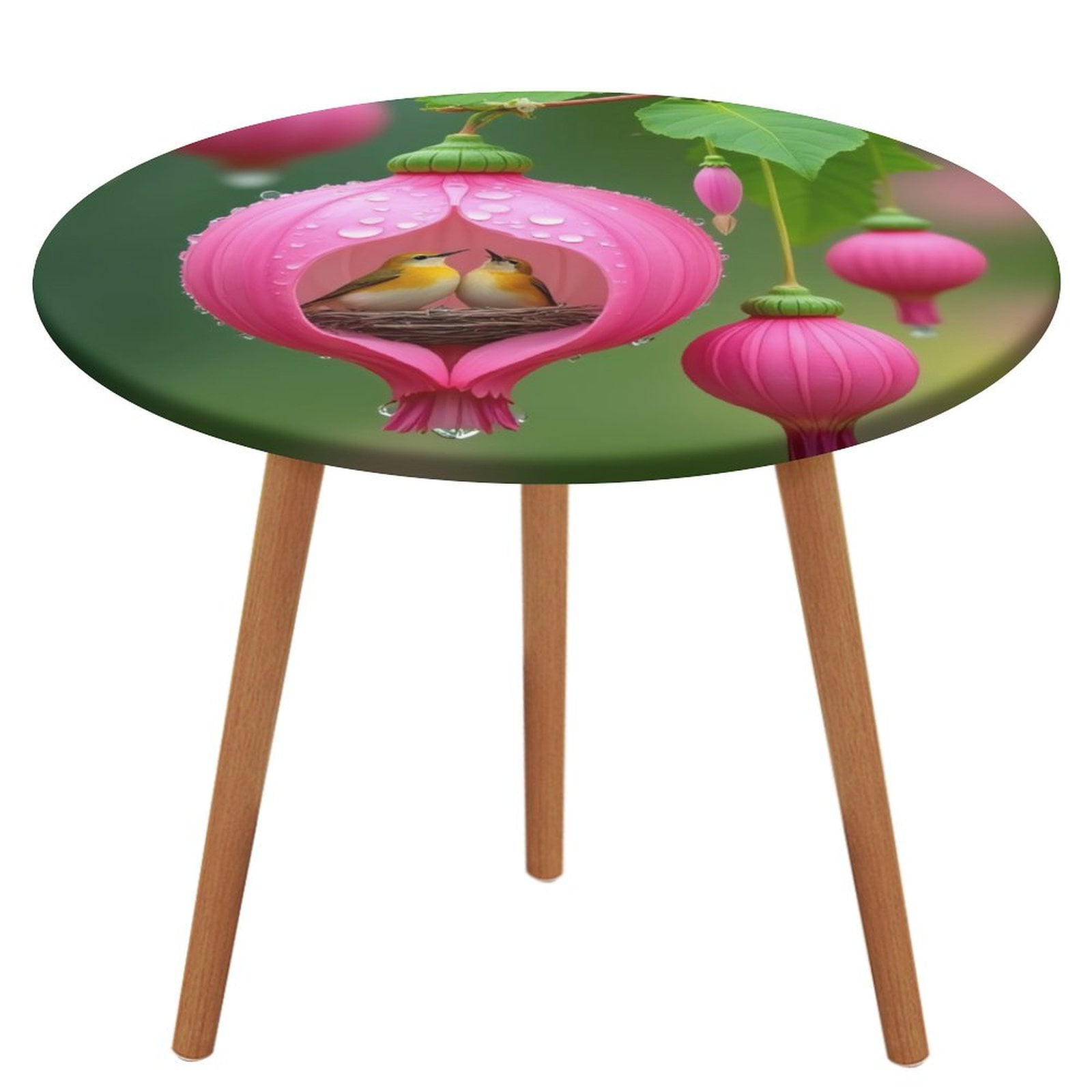 Birds in Pink Lantern Nest Round Fitted Tablecloth Elastic Table Cover ...