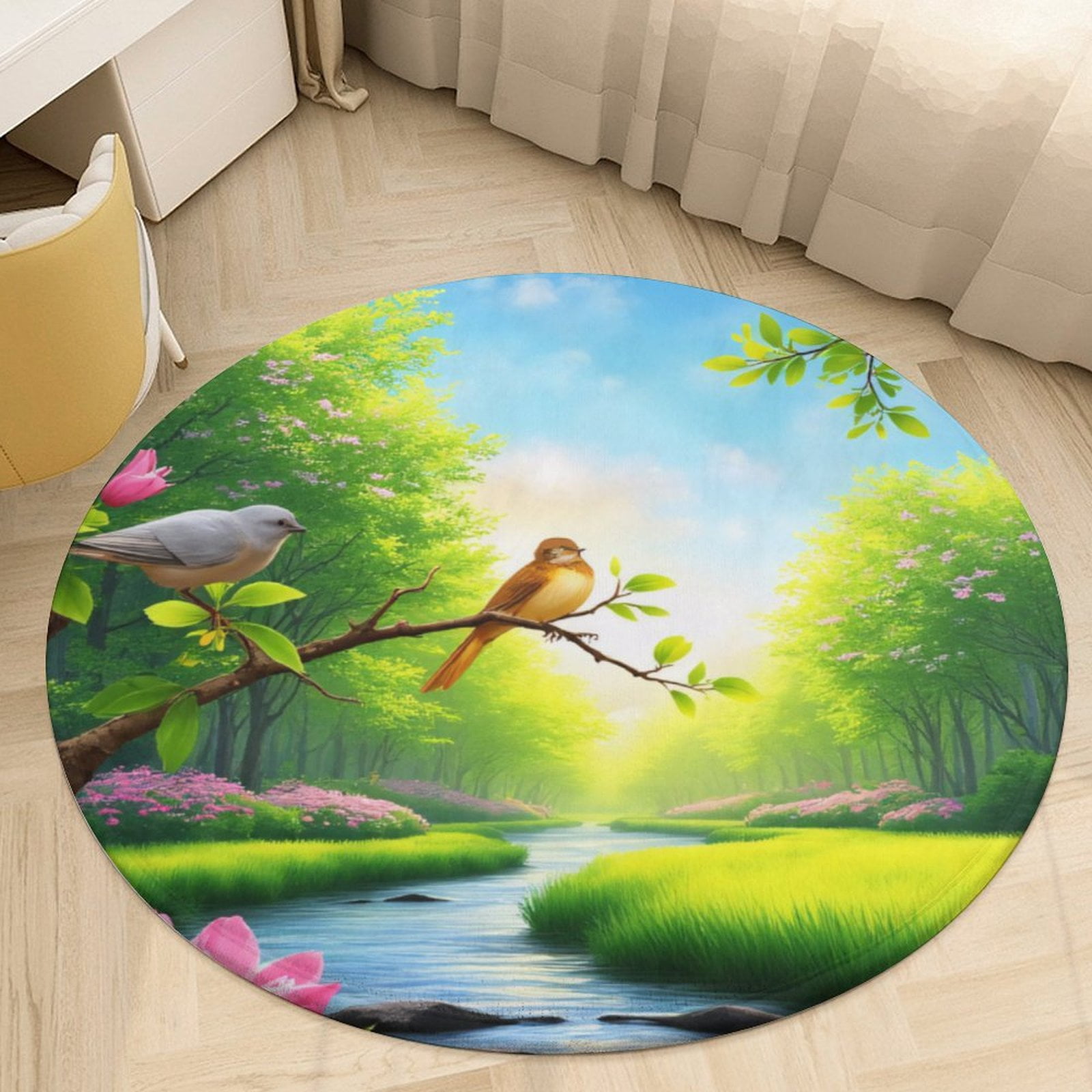 Birds in Spring Forest Round Area Rugs for Bedroom Living Room, 4FT ...