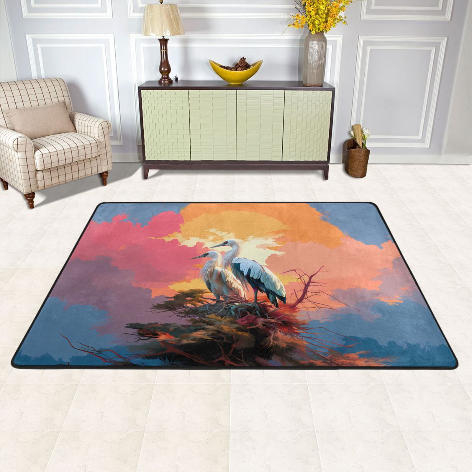 Birds in Tree Area Rug Washable 72 x 48 Floor Carpet Mat Non Slip for ...