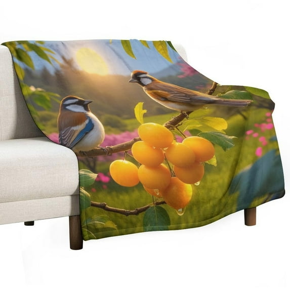 Birds on A Branch with Fruits Throws Blankets for Sofa Bed Winter Plush ...