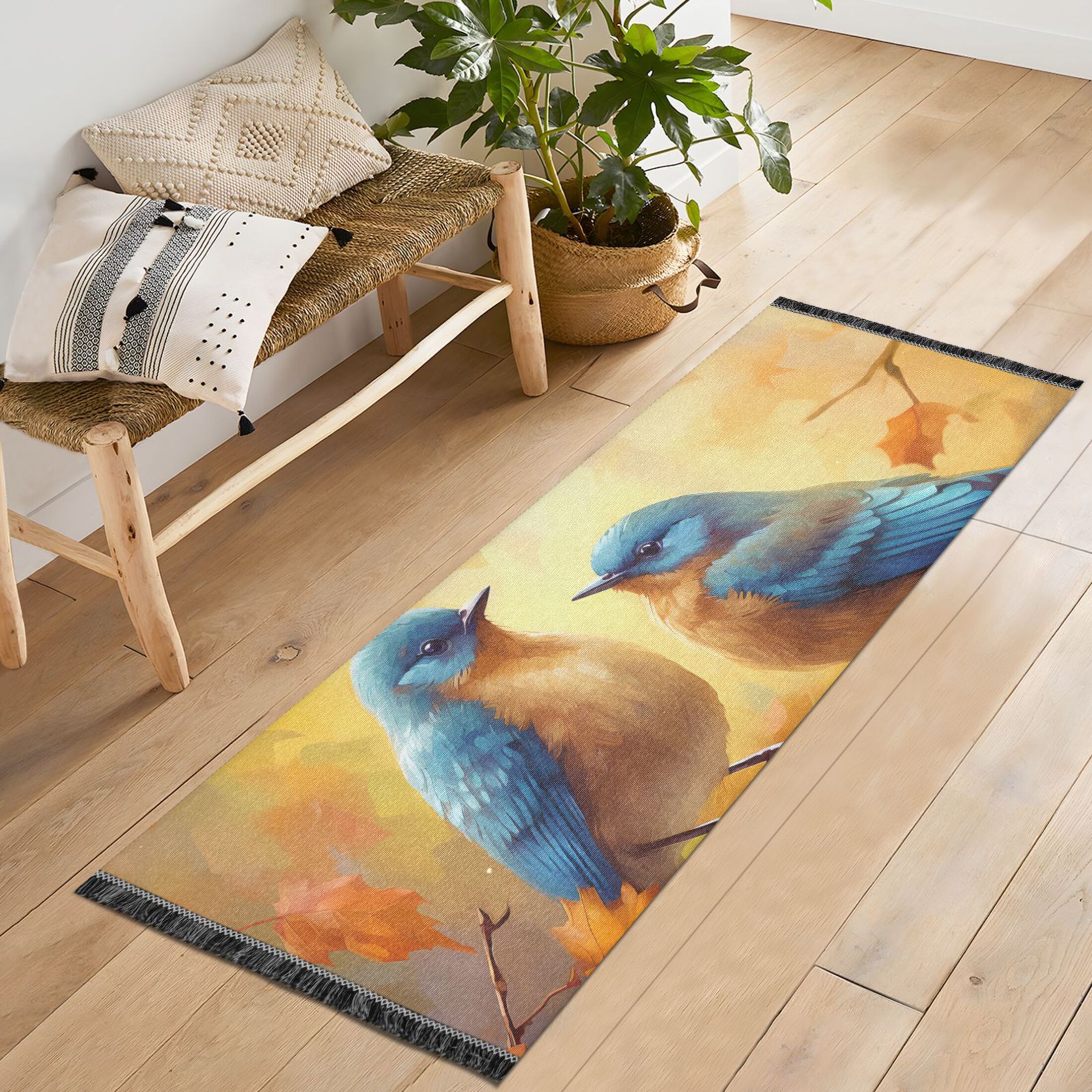 Birds on Autumn Leave Branch Runner Rug 2'x6' Hallway Area Rugs Vintage ...