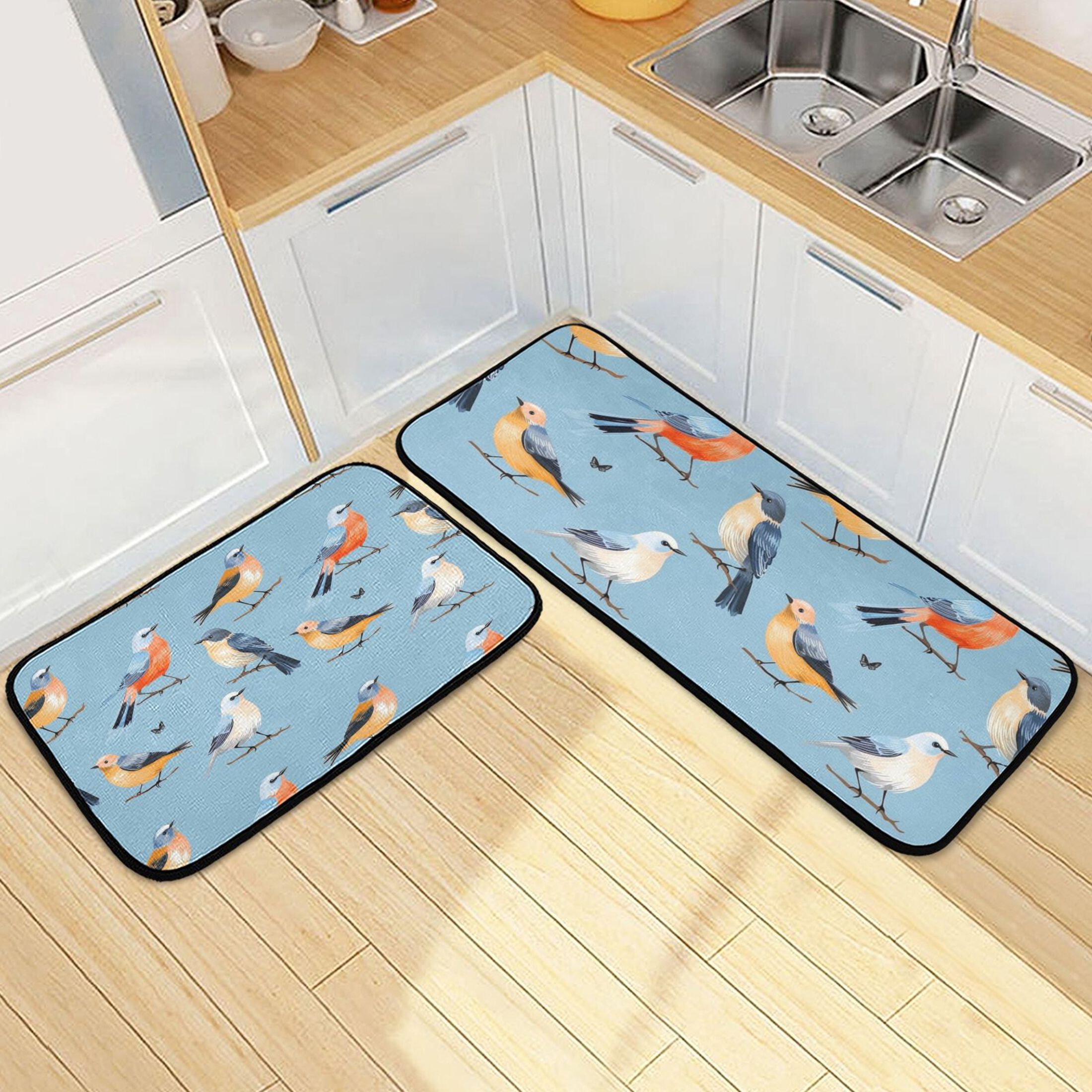Birds on Blue Kitchen Rugs Set of 2 Non Slip Floor Foam Mat Cushioned ...