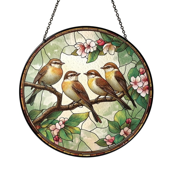 Birds on Branch Glass Window Ornament, Spring Scene Decorative Light ...