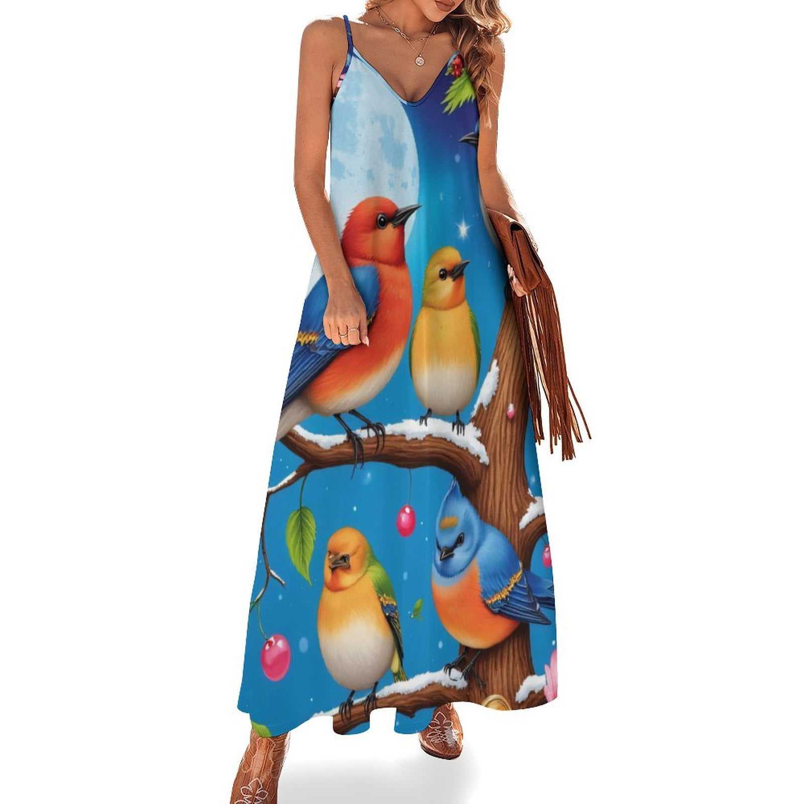 Birds on Branch Under Moonlight Sleeveless Dress Women's Luxury Party ...