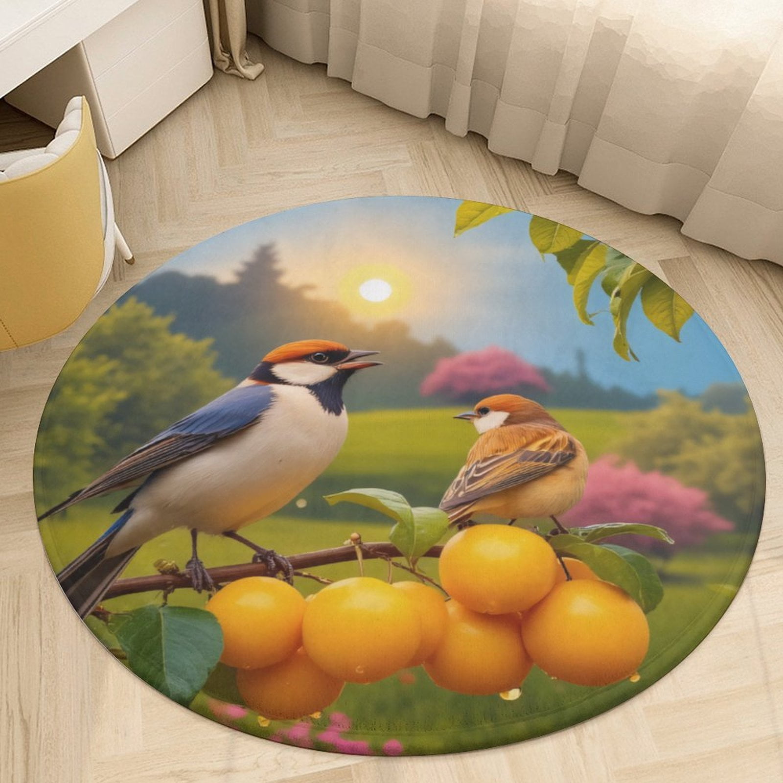 Birds on Branch with Fruits Round Area Rugs for Bedroom Living Room ...