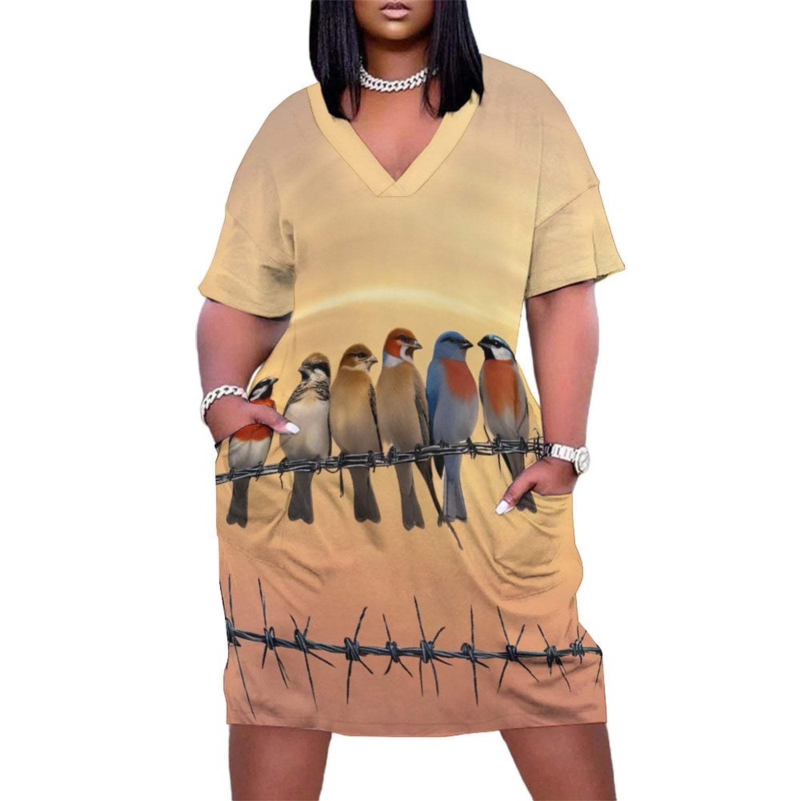 Birds on Branches Art Print Loose Pocket Dress Dresses Summer Summer ...