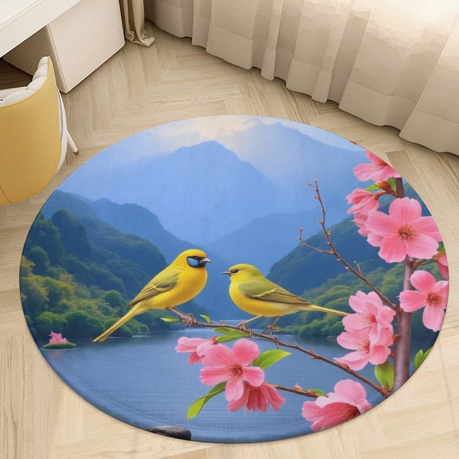 Birds on Cherry Blossom Branch Round Area Rugs for Bedroom Living Room ...