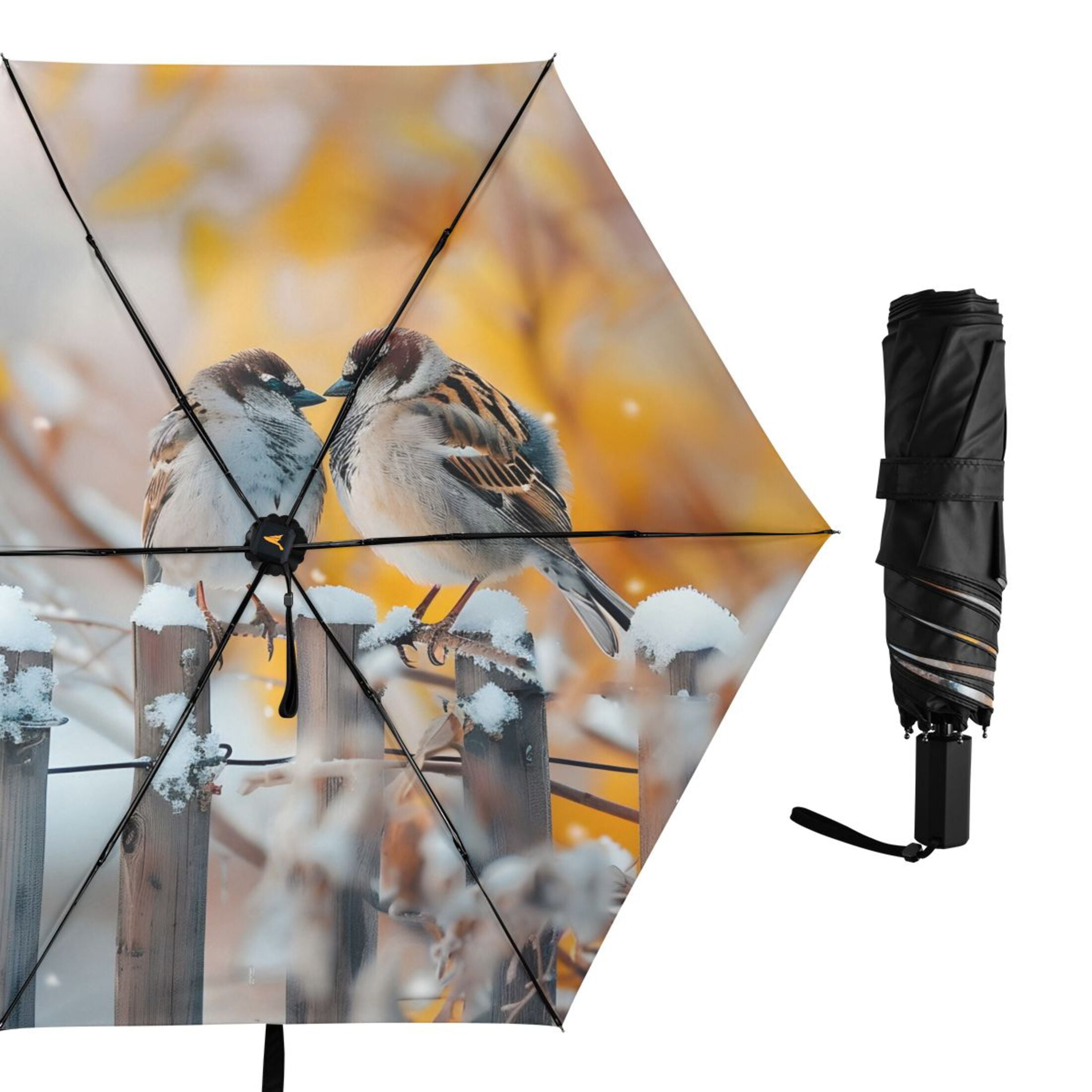 Birds on Fence Winter Snow Triple Folding Umbrella Parasol 6 Ribs UV ...