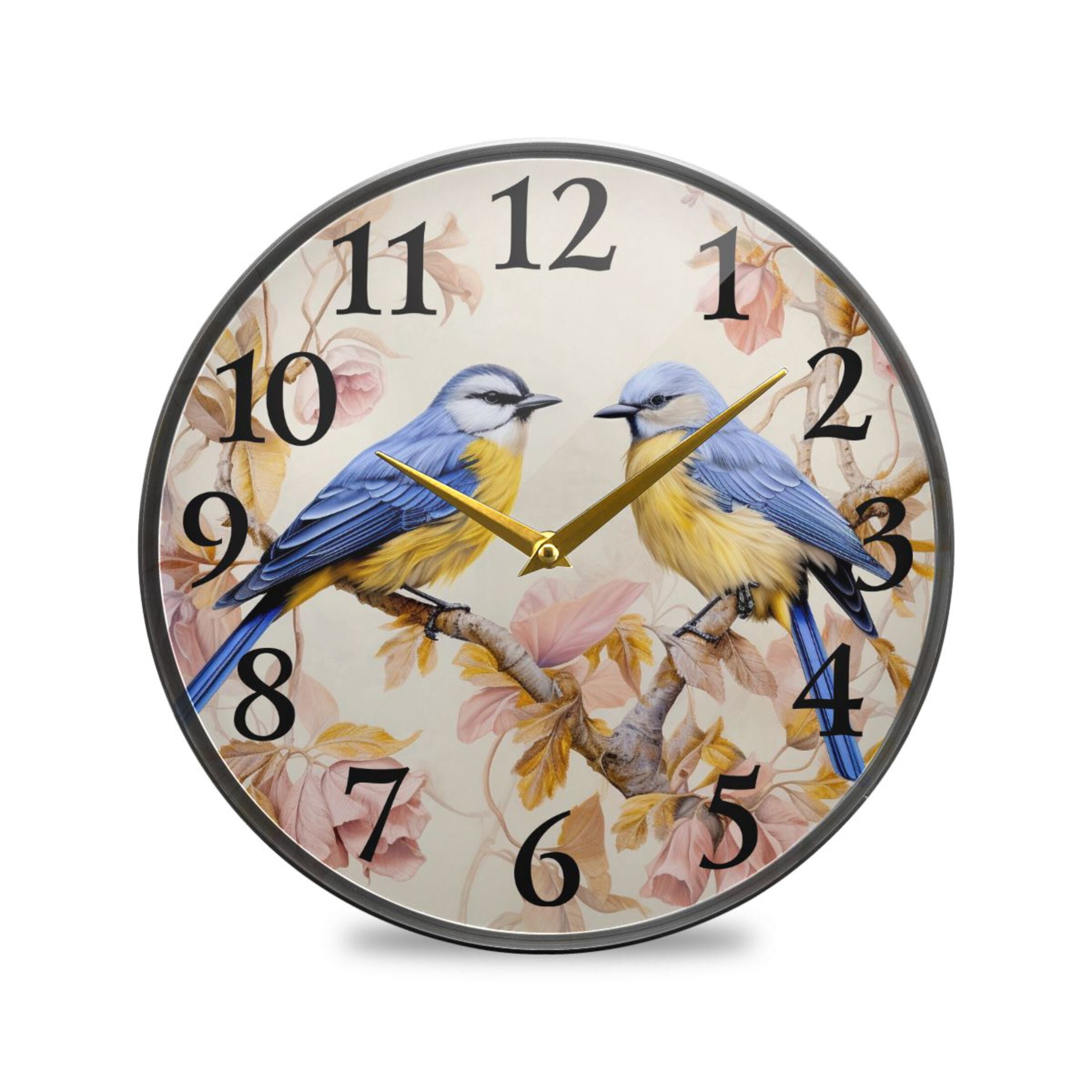 Birds on Flowers Branch Wall Clocks Battery Operated 9.5 Inch Round ...