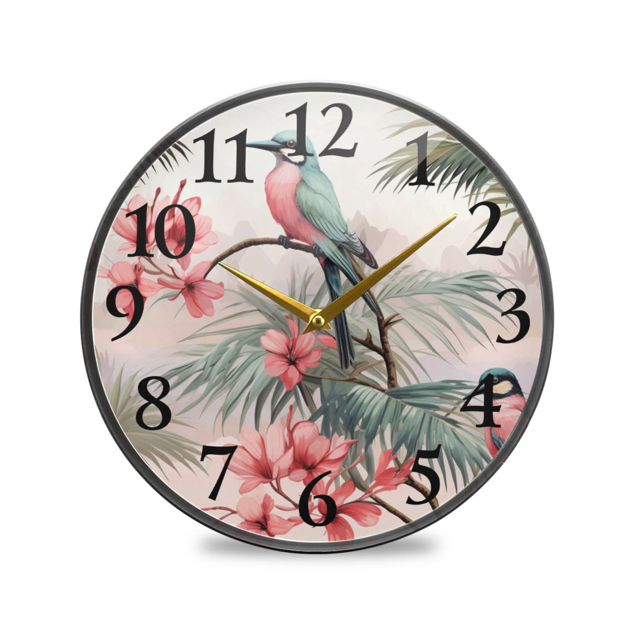 Birds on Flowers Branches Wall Clocks Battery Operated 9.5 Inch Round ...