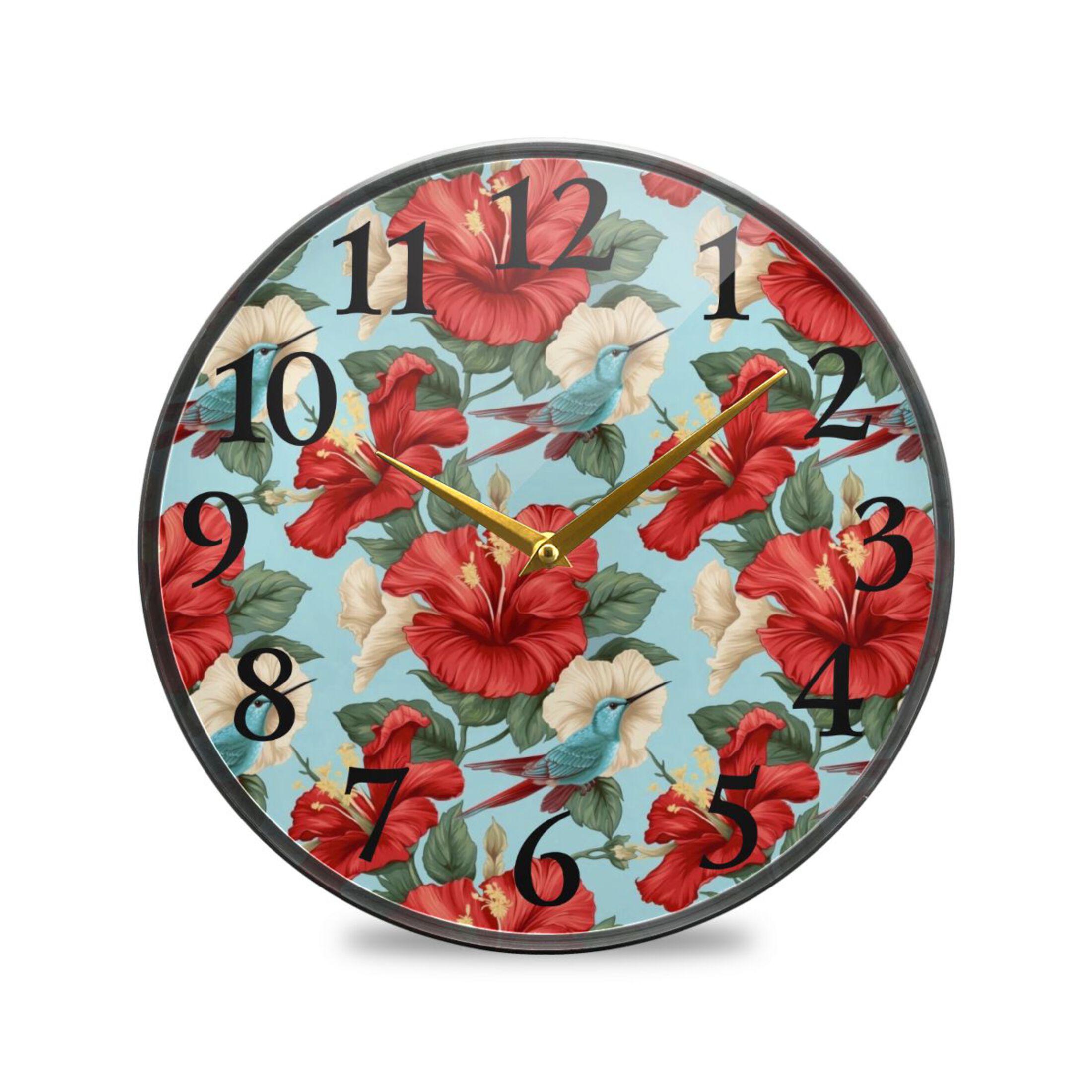 Birds on Hibiscus Flowers Wall Clocks Battery Operated 11.9 Inch Round ...