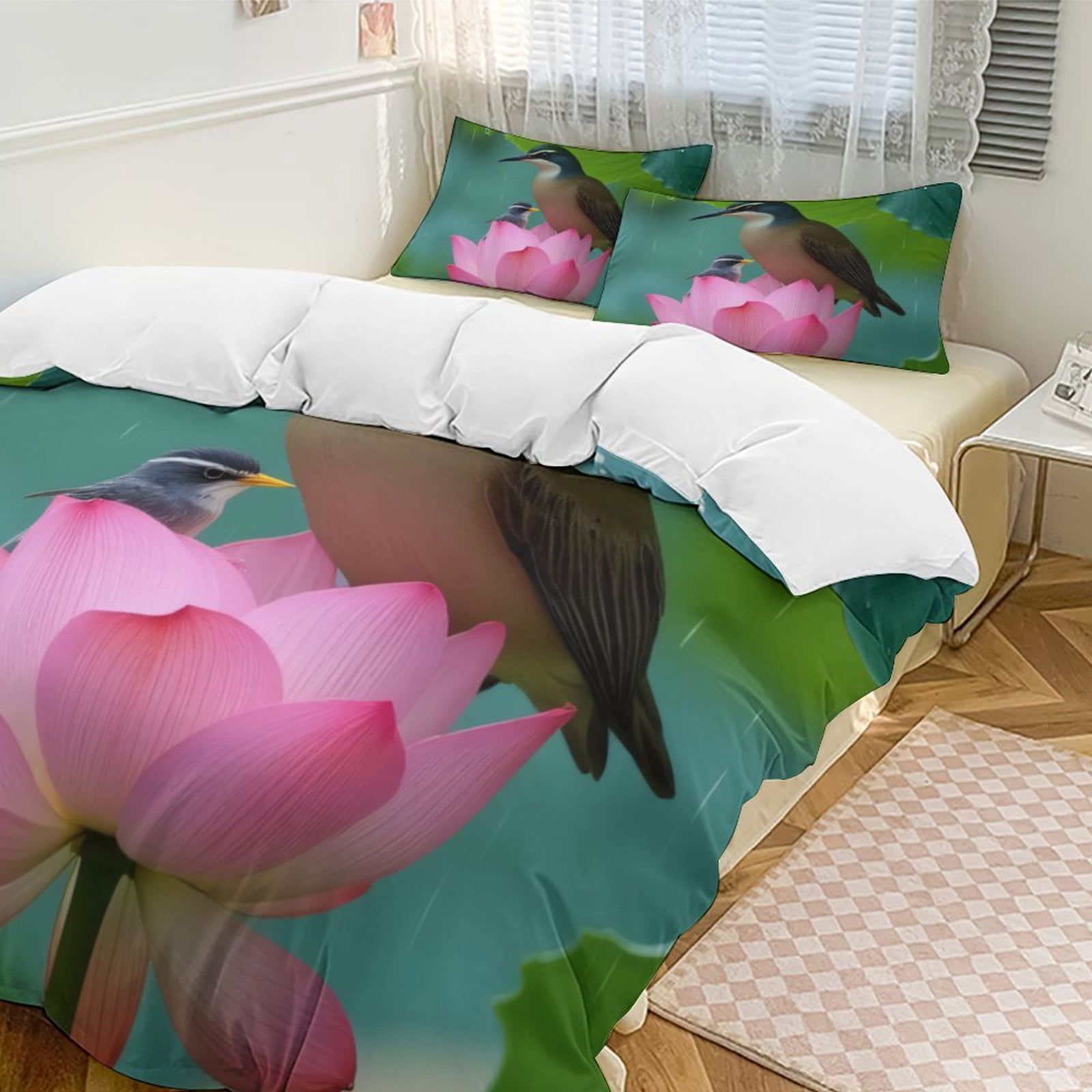 Birds on Lotus Flower in Rain Duvet Cover Set Bedding Set Polyester ...
