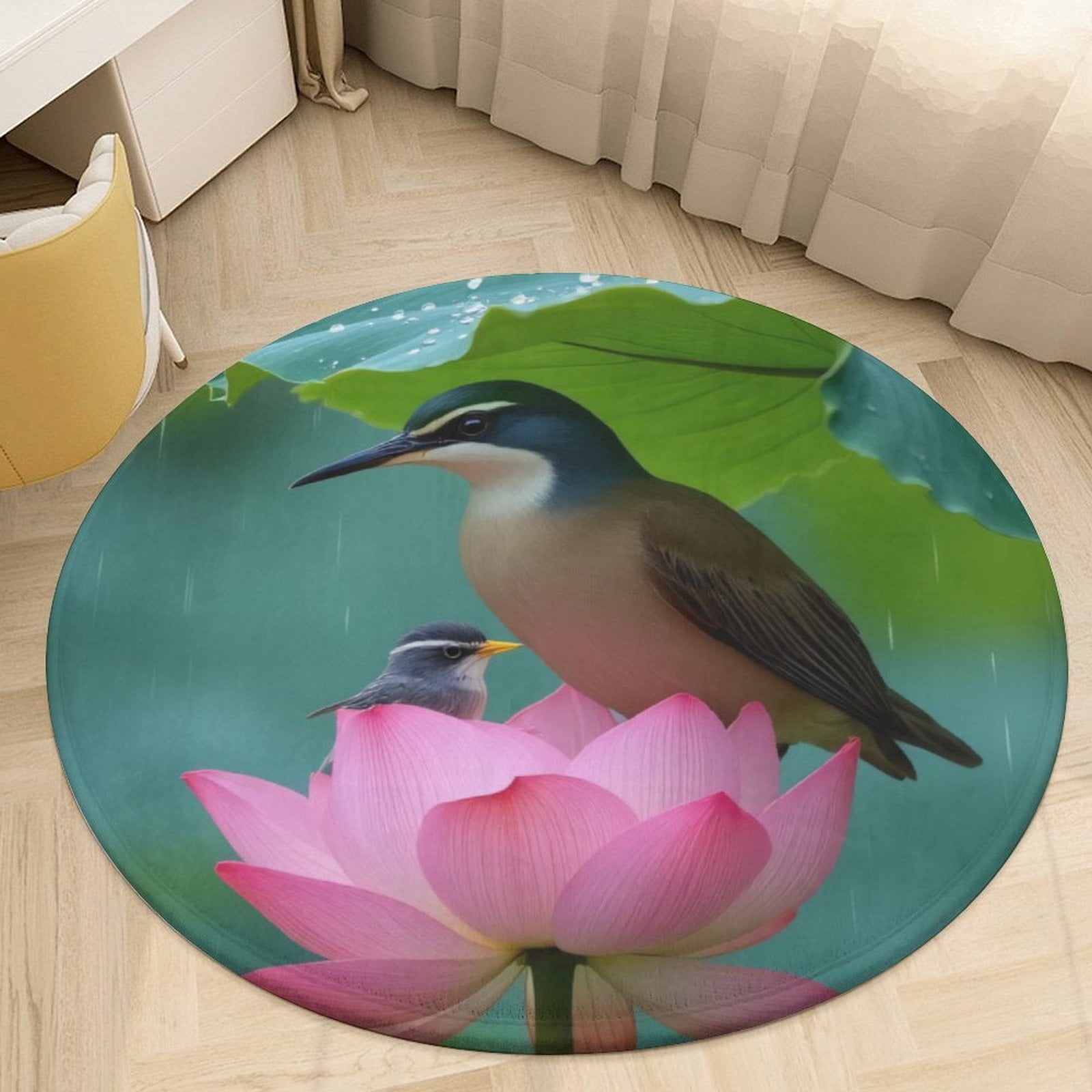 Birds on Lotus Flower in Rain Round Area Rugs for Bedroom Living Room ...