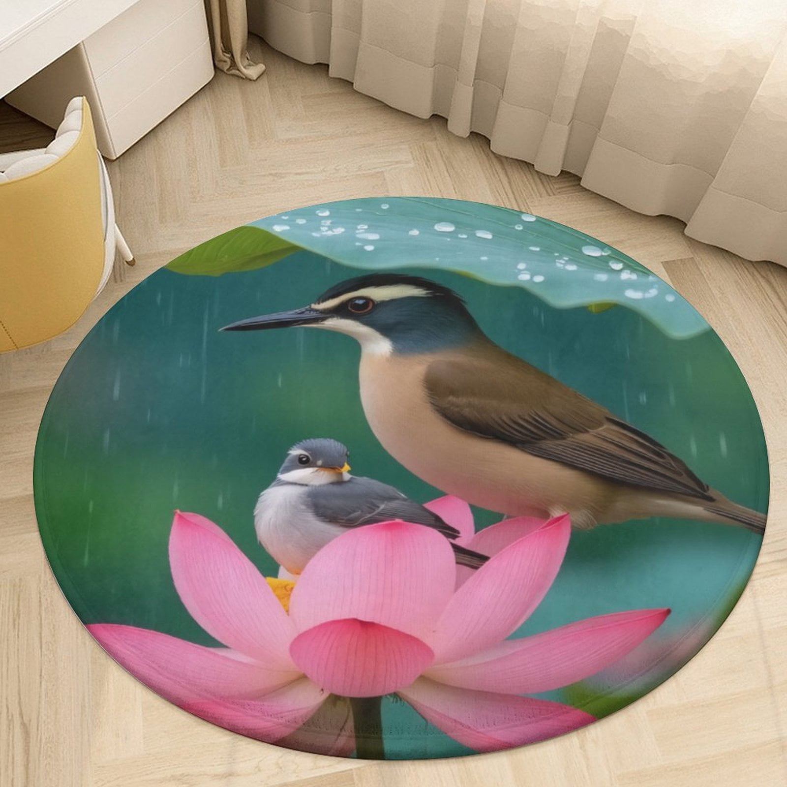 Birds on Lotus Flower in Rain Round Area Rugs for Bedroom Living Room, 6FT Soft Indoor Circle ...