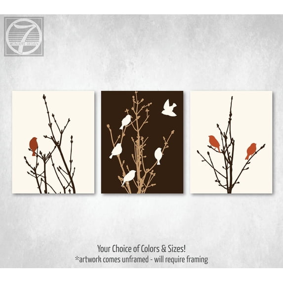 Birds on Tree Branches Art Prints Modern Home Decor Brown Beige Burnt ...