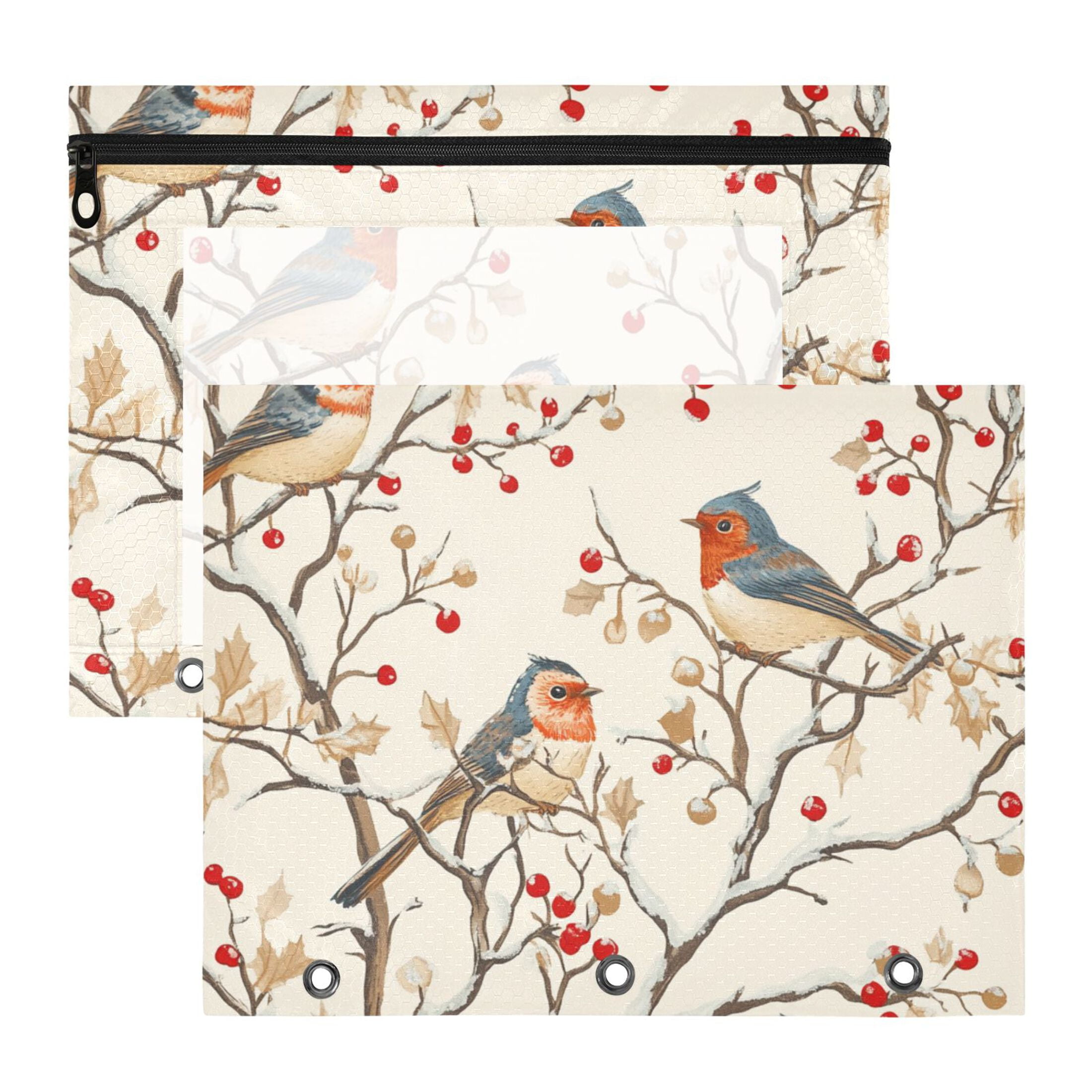 Birds on Tree Branches Snow Leaves 3-Ring Binder Pouches A4 Size Zipper ...