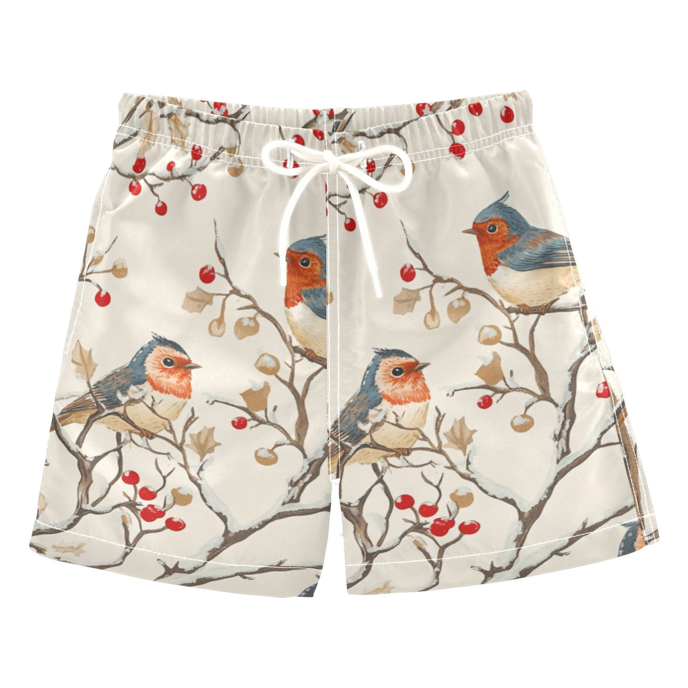 Birds on Tree Branches Snow Leaves Boys' Swim Trunks Board Shorts Beach ...