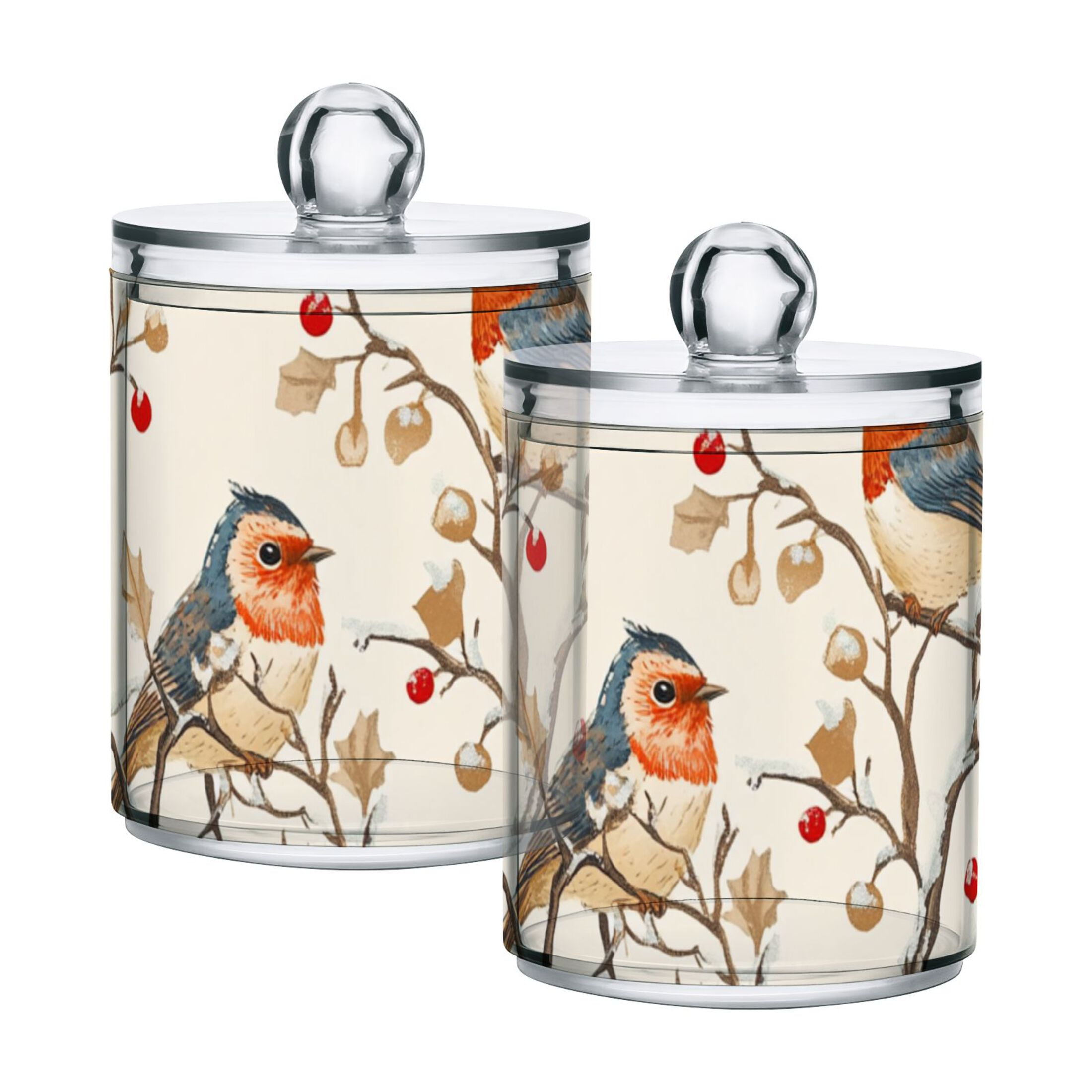 Birds on Tree Branches Snow Leaves Translucent Plastic Cans Storage ...