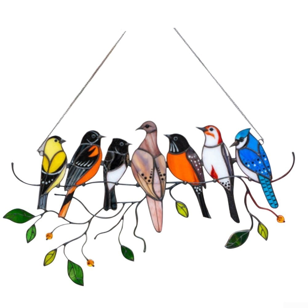 Birds on the Branches Stained Glass Double-sided Glass Panel Hanging ...
