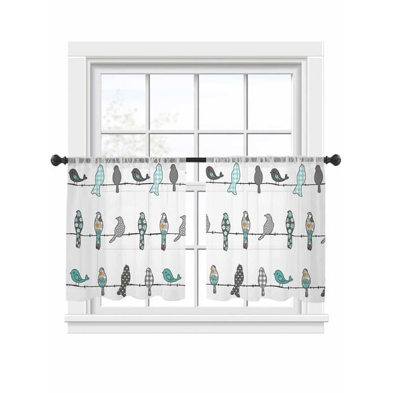 Birds on the Wire Teal Grey Sheer Curtains 2 Panels Set Sheer Window ...