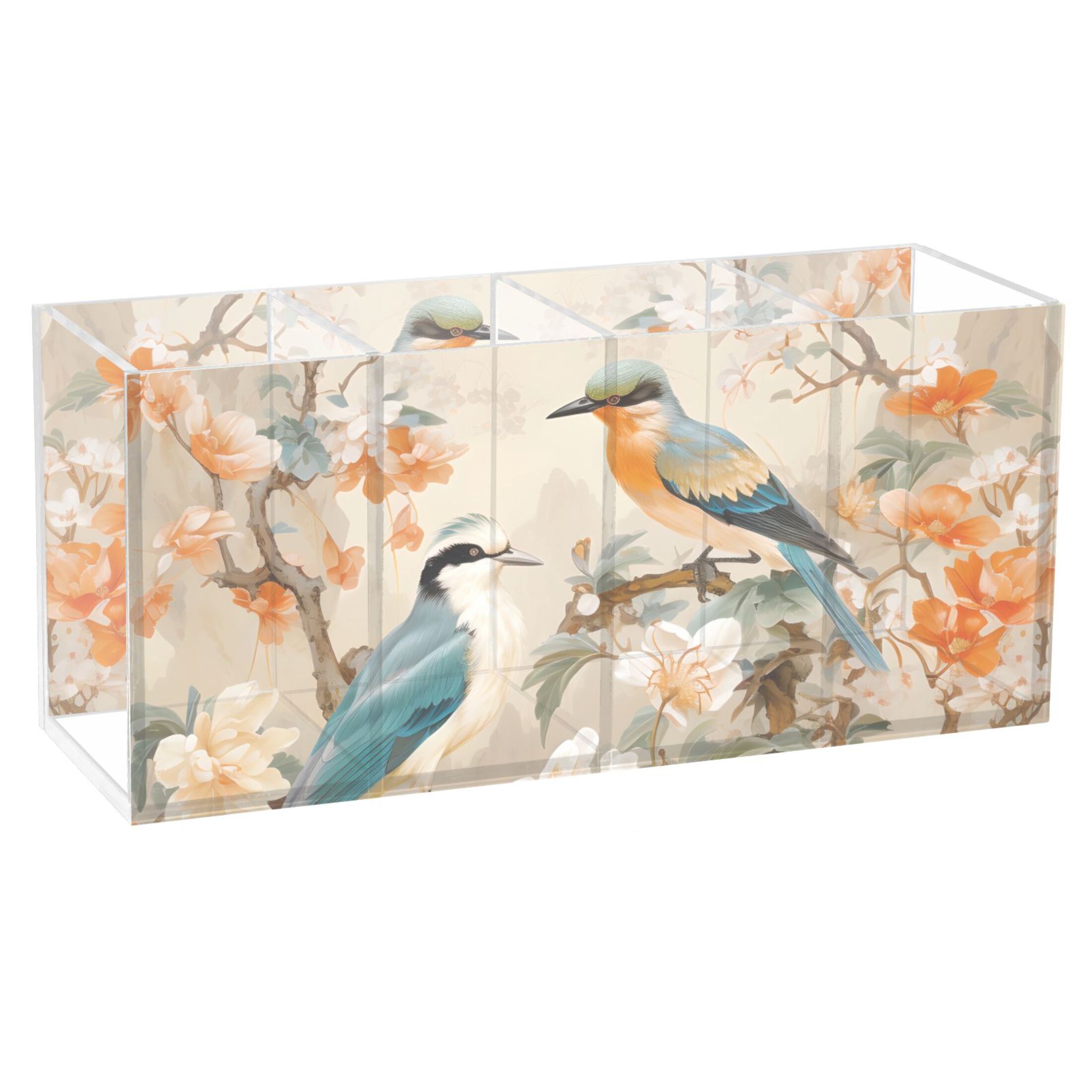Birds with Flowers Acrylic Pen Holder Cup 4 Compartments Clear Pencil ...