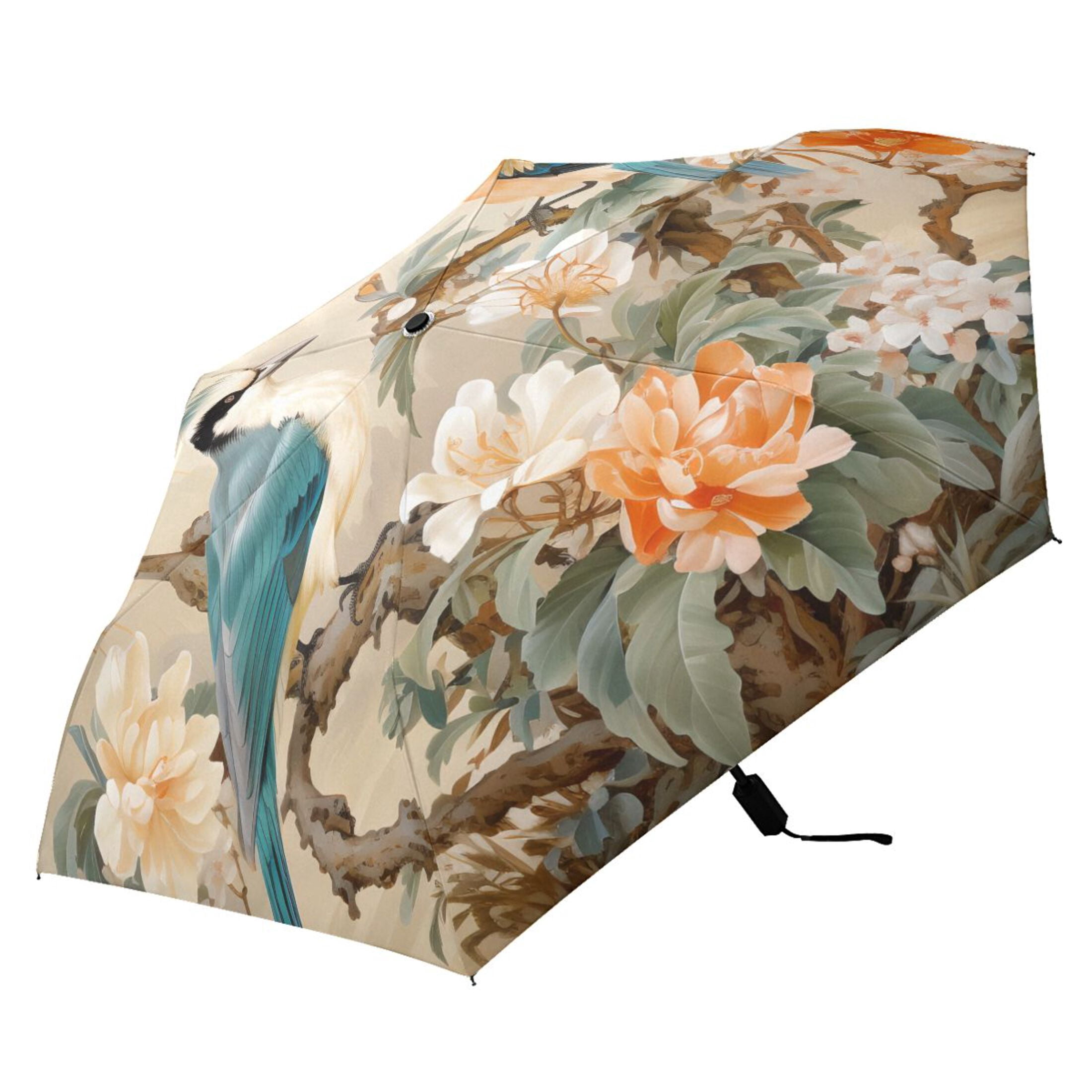 Birds with Flowers Compact Folding Umbrella for Rain Windproof Travel ...