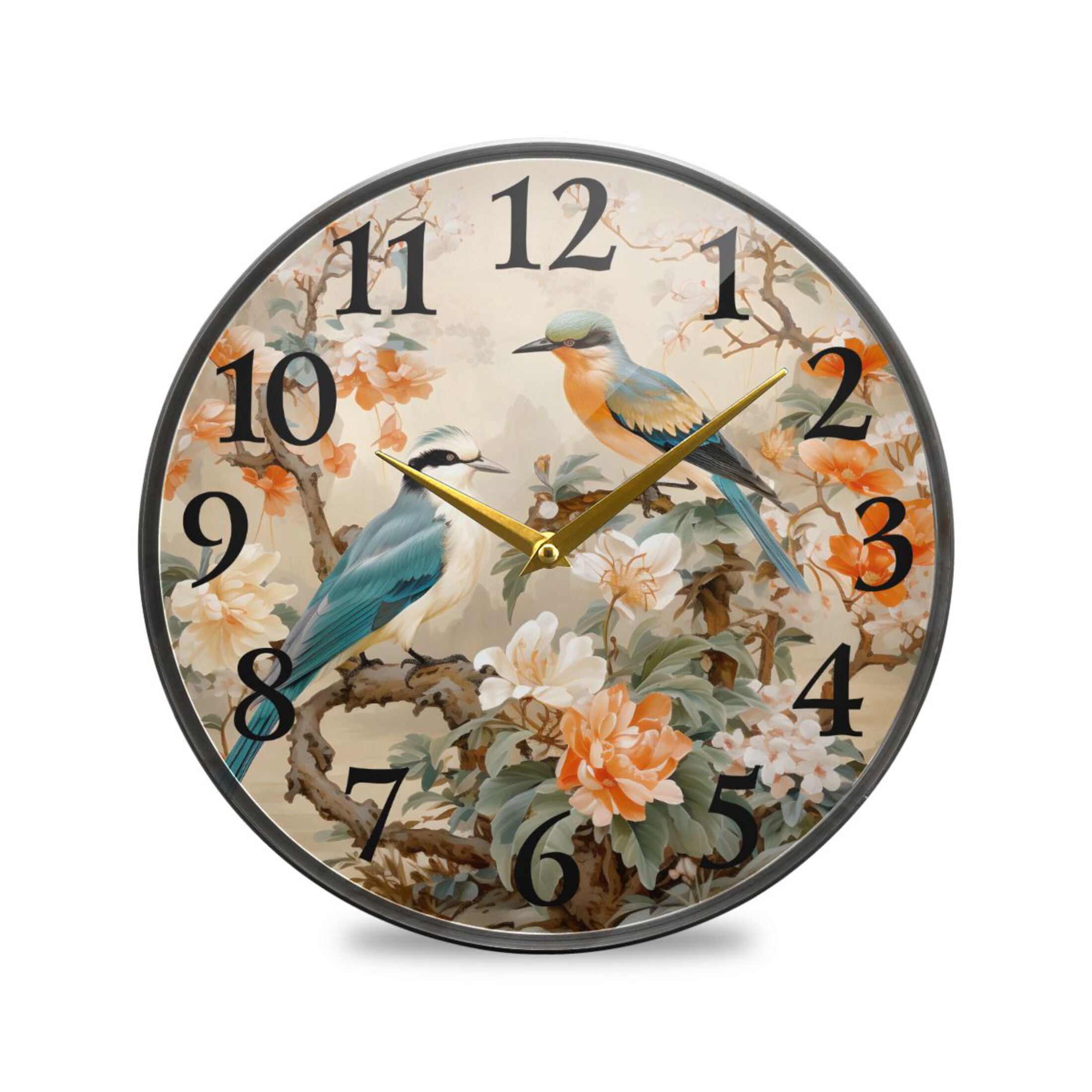 Birds with Flowers Wall Clocks Battery Operated 11.9 Inch Round Clock ...