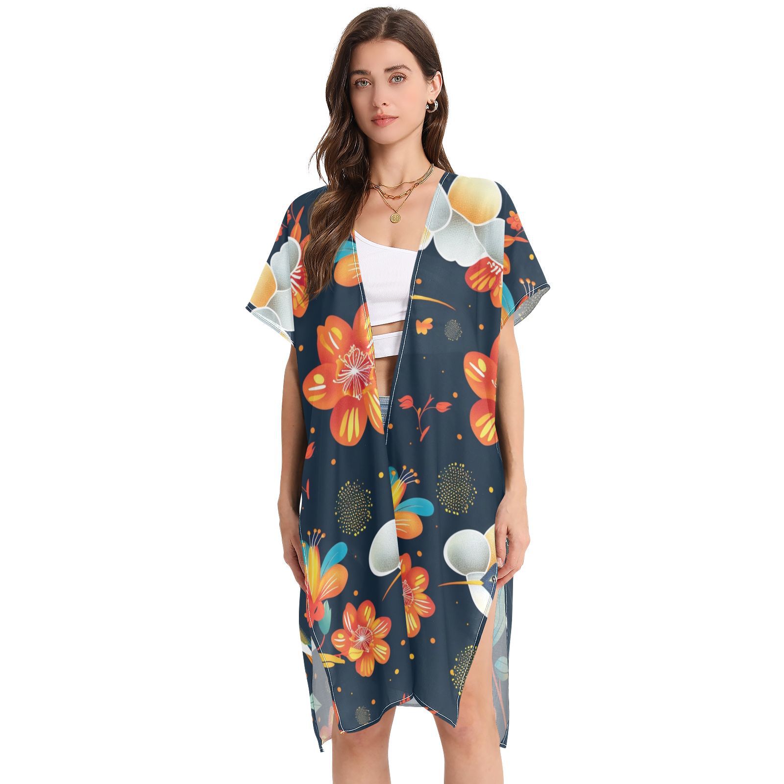 Birds with Flowers Women Swimsuit Cover up V Neck Beach Dress Short ...