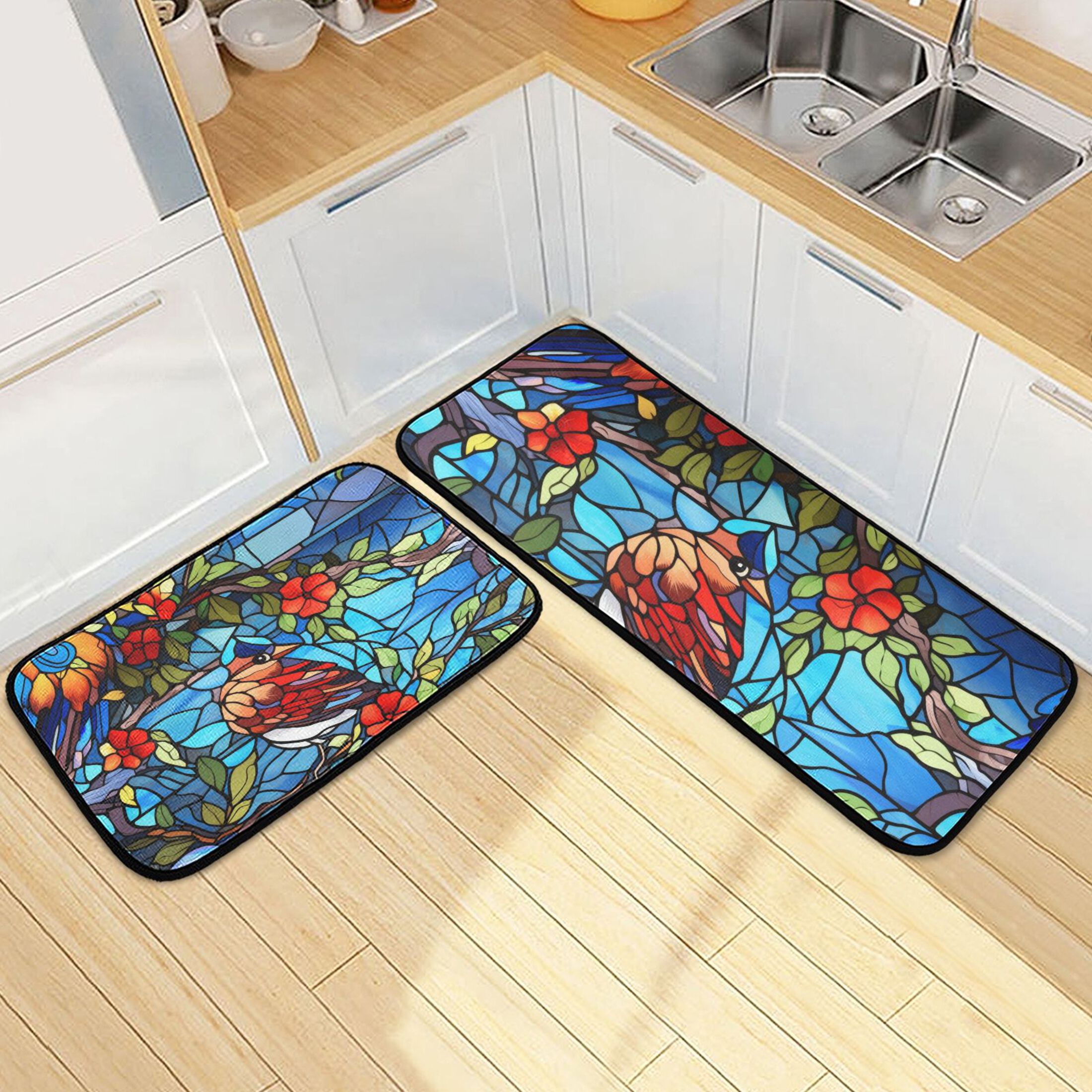 Birds with Leaves Kitchen Rugs Set of 2 Non Slip Floor Foam Mat ...