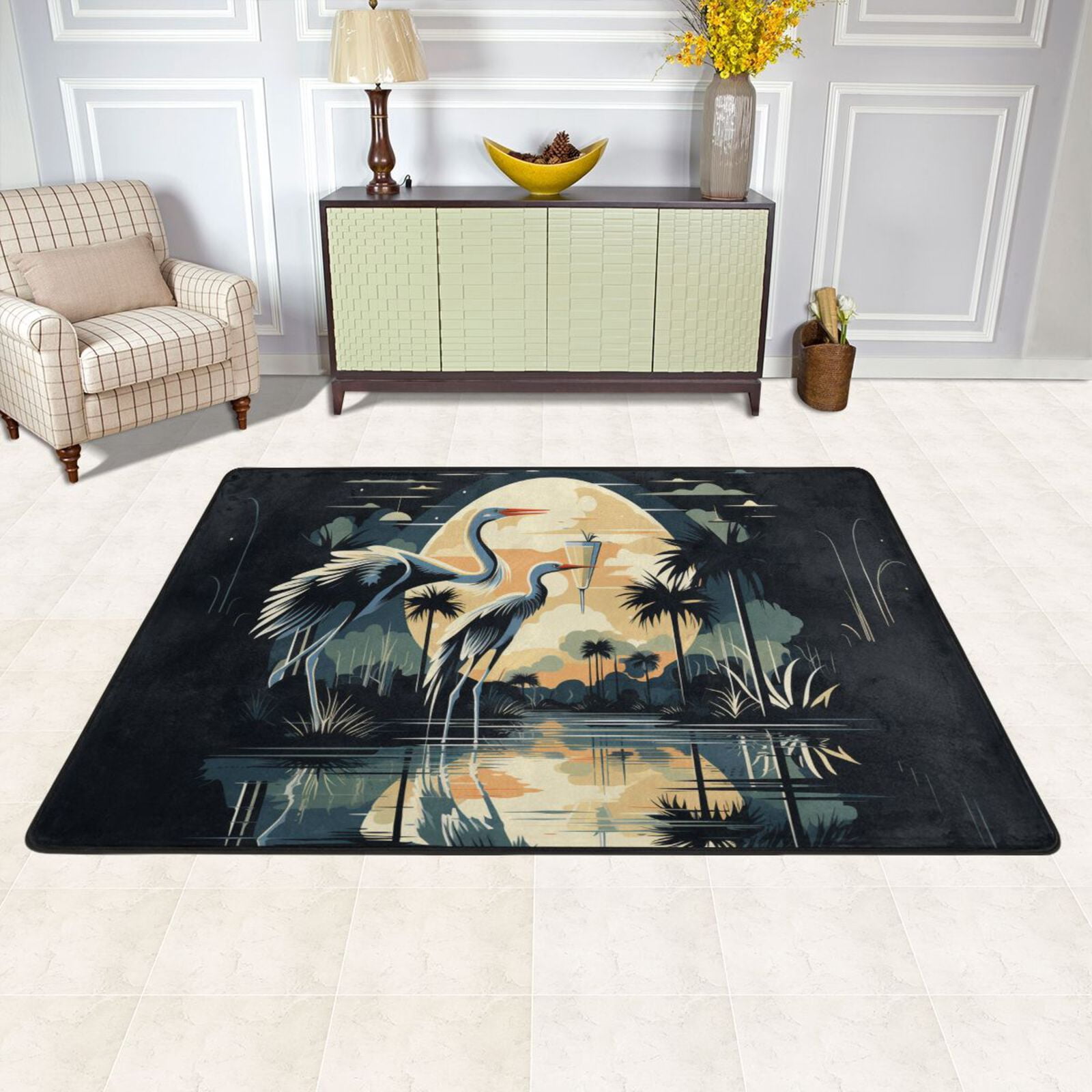 Birds with Moon Coconut Trees Lake Area Rug Washable 72 x 48 Floor ...