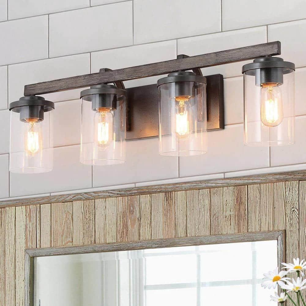 Birdwood 28 in. 4-Light Rust Gray Industrial Bathroom Vanity Light with ...