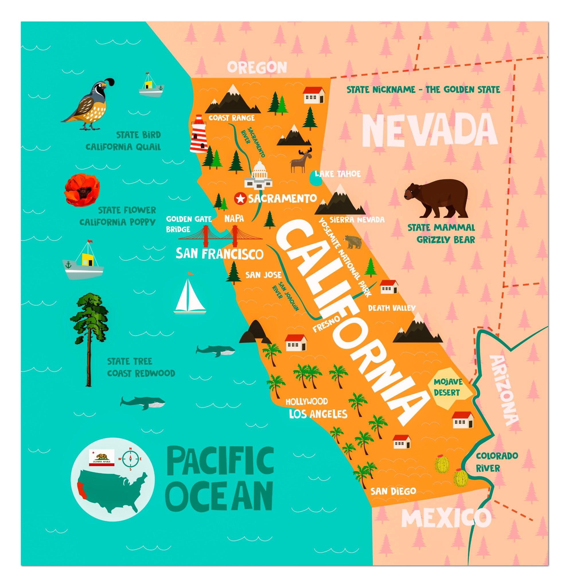 Birdy Boutique California Map Tapestry – 62" x 60" Educational Wall ...
