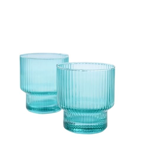 Birdy Home Design Ribbed Aqua Drinking Glasses Set Stackable Ribbed ...