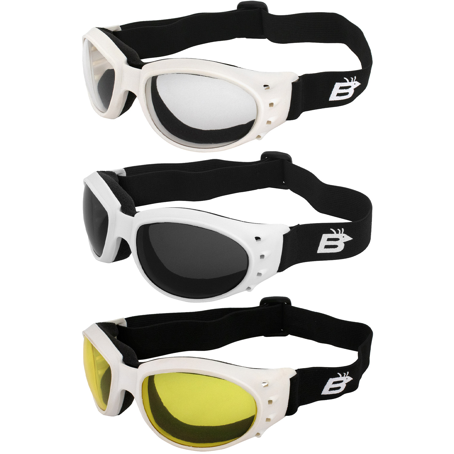 Birdz Eyewear Eagle Motorcycle Skydiving Padded Goggles White Vented ...