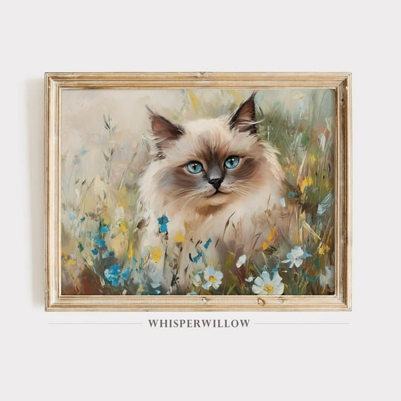 Birman Cat In Wildflower Meadow,, Elegant Animal Pet Artwork, Vibrant ...