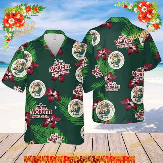 Birra Moretti Beer Hibiscus Flower Pattern Funny Hawaiian Shirt Gift ...
