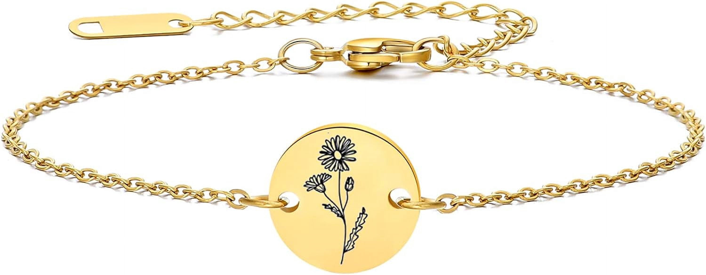 Birth Flower Bracelet 18K Gold Engraved Custom Floral Pendant Bracelets ...