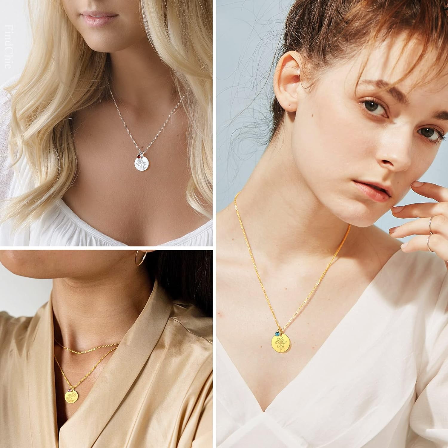 Birth Flower Disc Necklaces For Women With Birthstone Stainless Steel/Gold Plated/Sterling ...