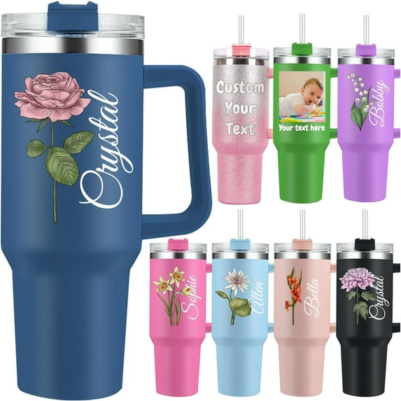 Birth Flower Personalized Tumbler with Handle & Names Custom 40oz ...