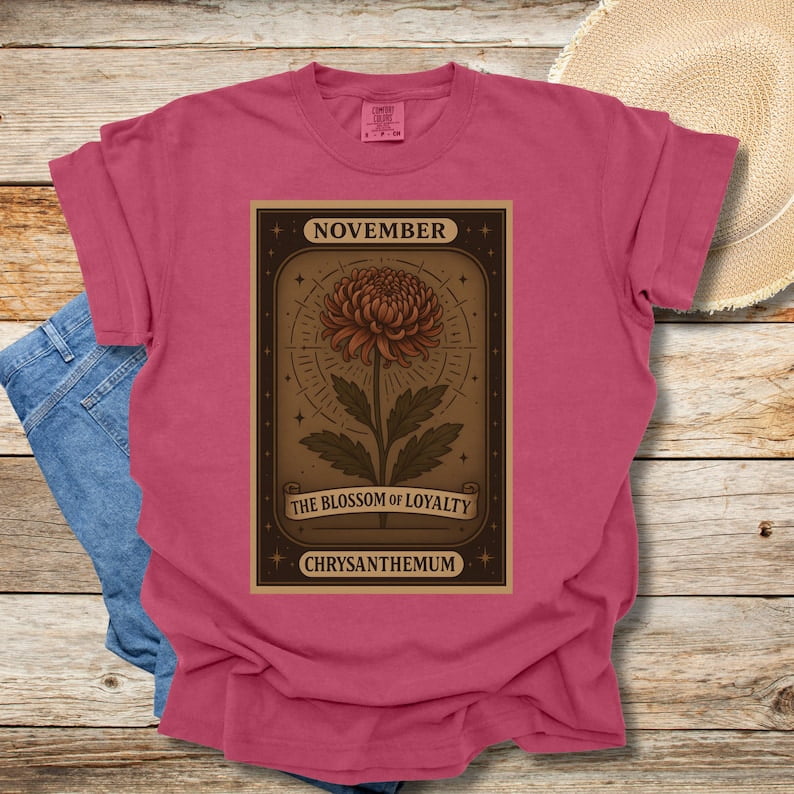 Birth Flower Tarot T-Shirt, November Zodiac Tee, Unisex Garment-Dyed ...